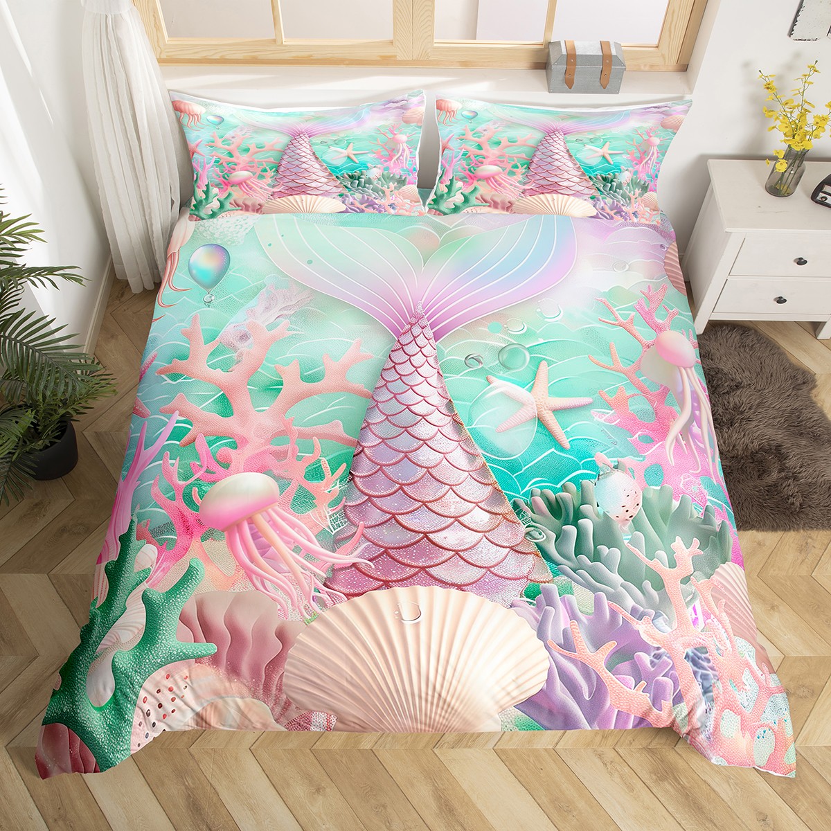 Little Mermaid Tail Duvet Cover Set Jellyfish Twin Bedding Sets for ...