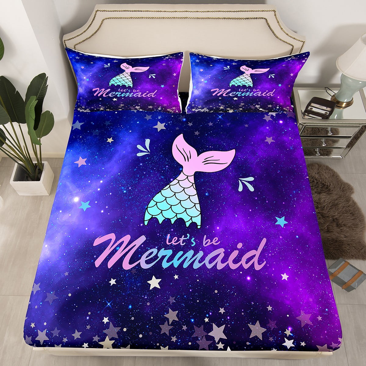 Little Mermaid Tail Fitted Sheet Galaxy Twin Bed Sheets,Starry Sky ...