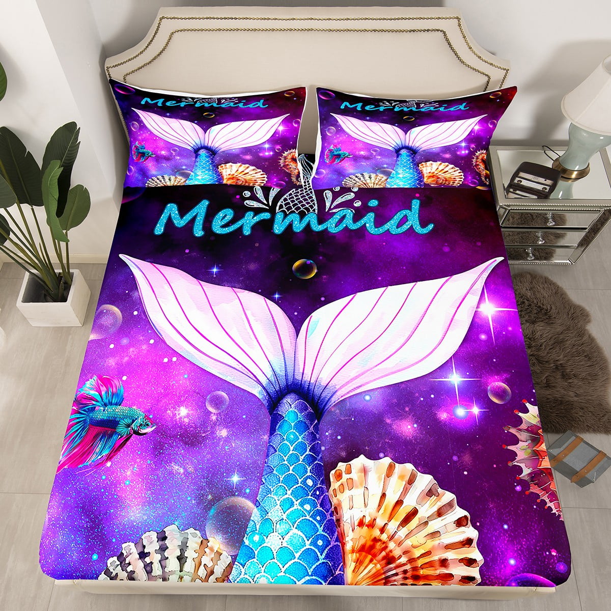 Little Mermaid Tail Fitted Sheet Glitter Fish Scales Queen Bed Sheets ...