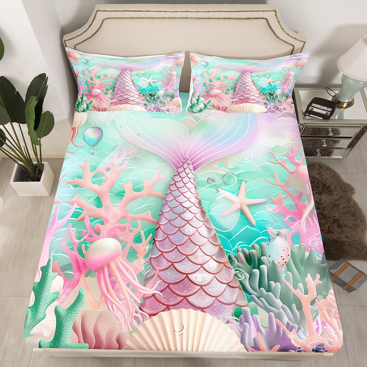 Little Mermaid Tail Fitted Sheet Jellyfish Twin Bed Sheets for Girls ...