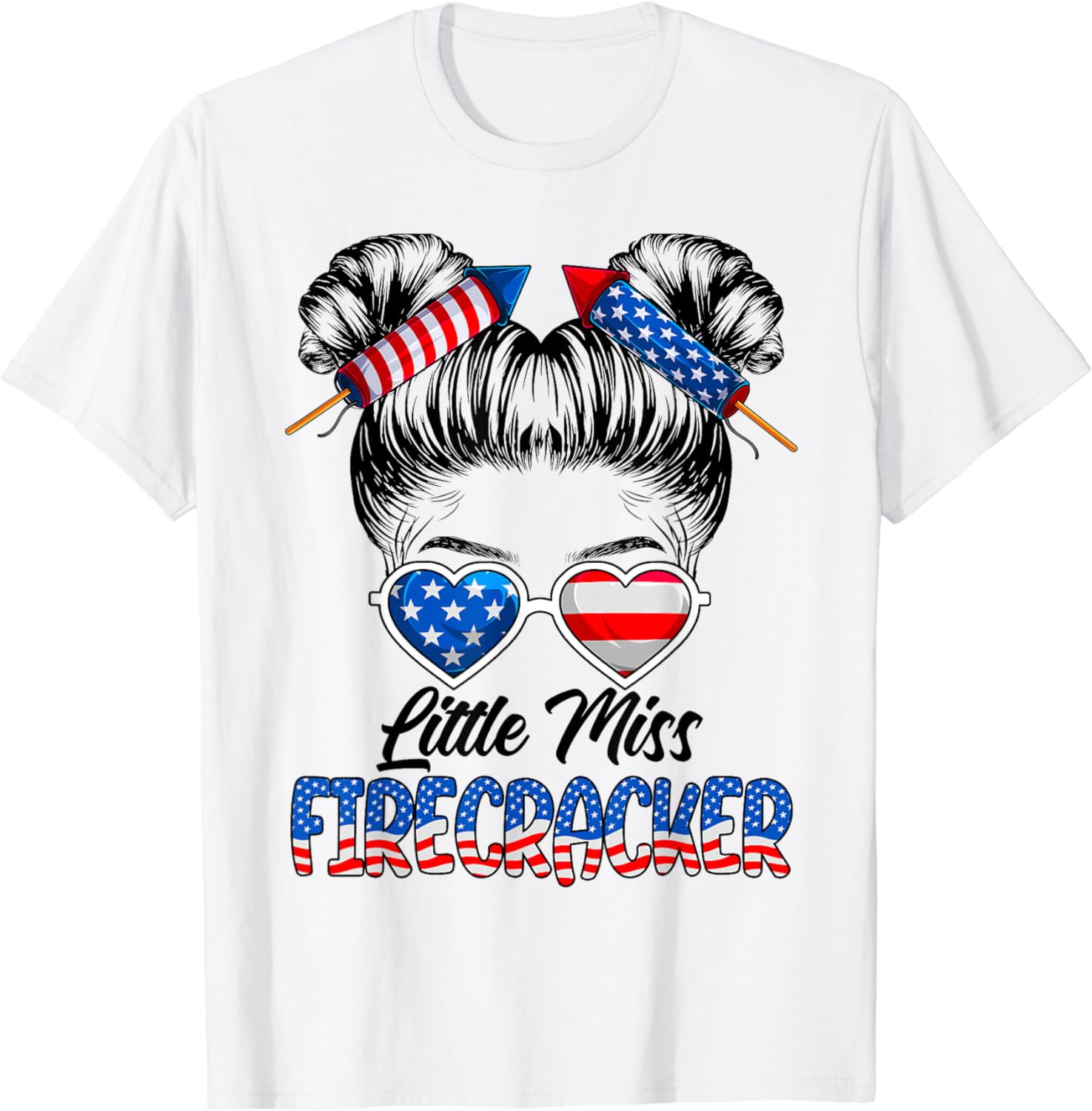 Little Miss Firecracker 4th Of July Girls Messy Bun USA Flag T-Shirt ...