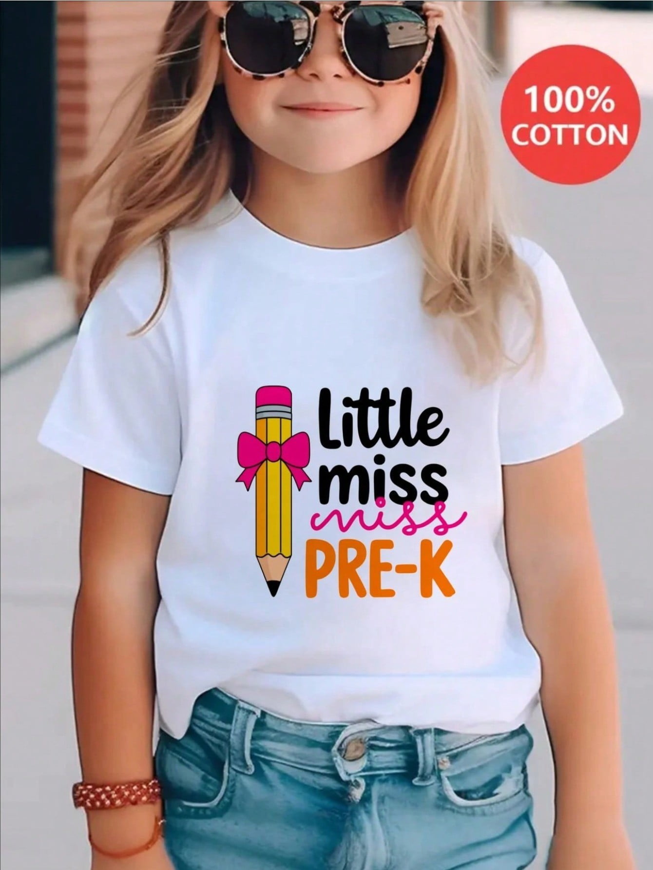 Little Miss Pre-K 100% Cotton T-Shirt For Girls With Pencil And Bow ...