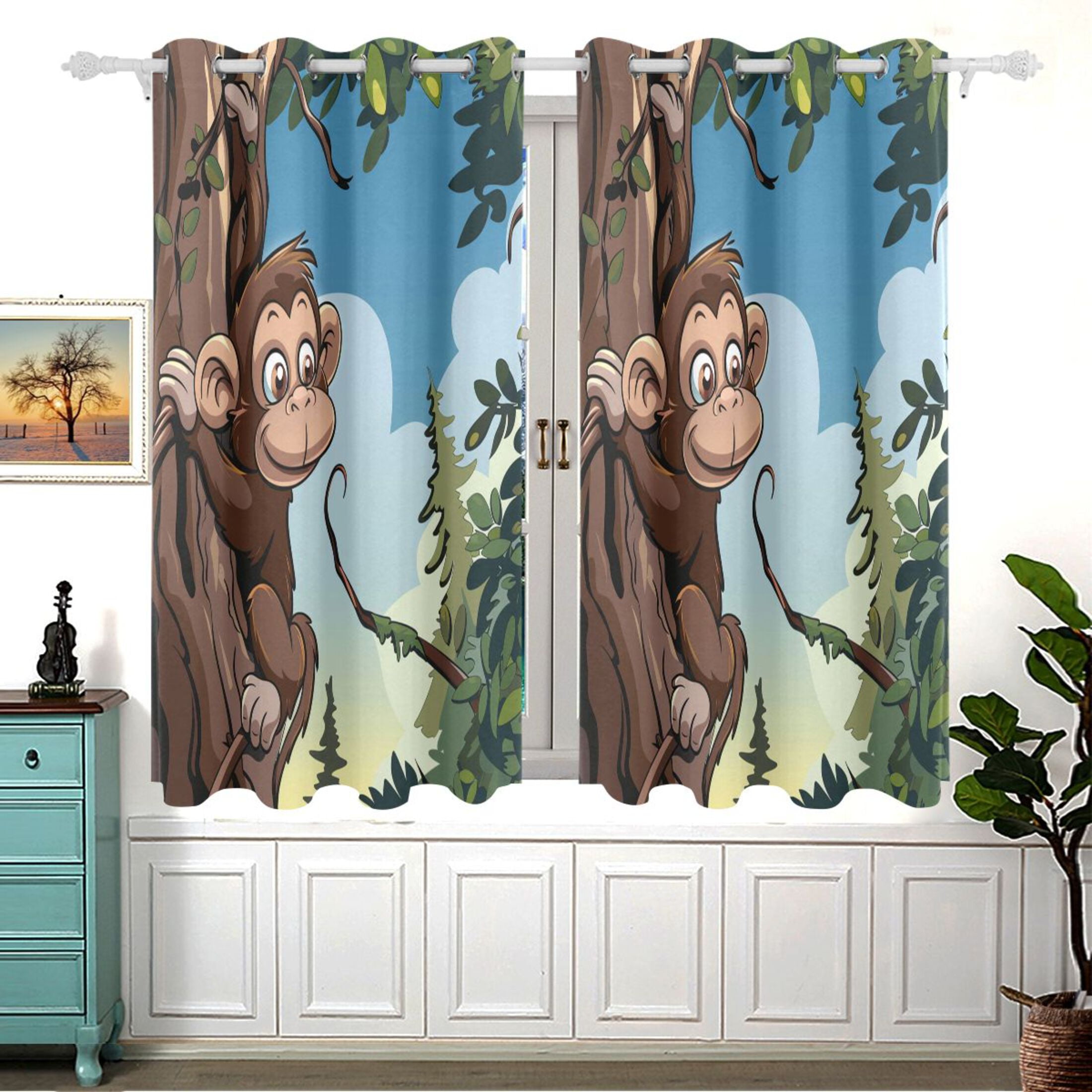 Little Monkey Climb The Tree Curtains Drapes with Grommets 2 Panels 54 ...
