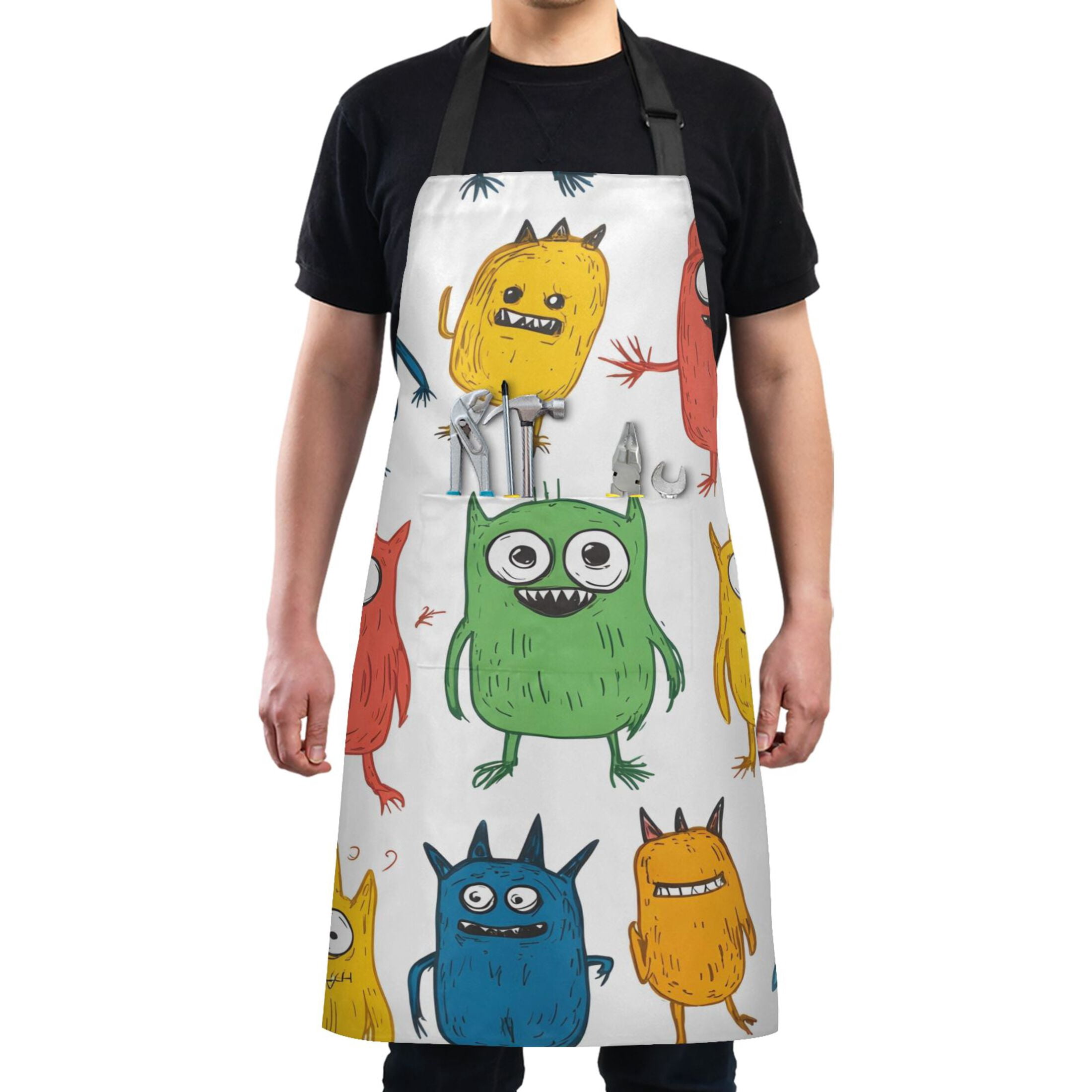 Little Monster Cartoon Doodle White Background Chef Kitchen Apron with ...