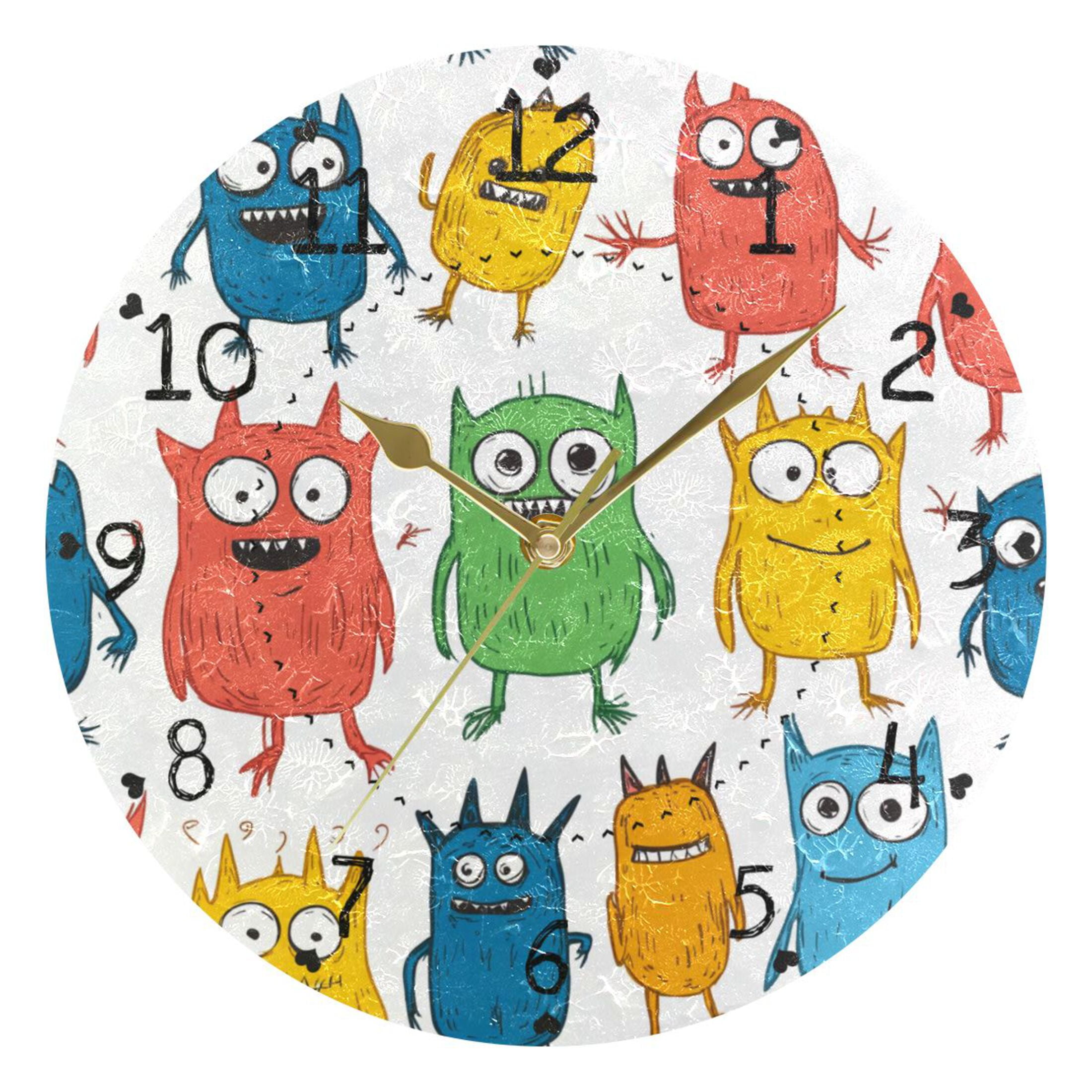 Little Monster Cartoon Doodle White Background Round Wall Clock Silent ...
