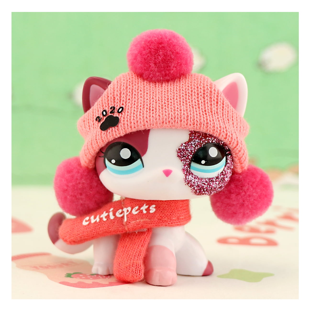 Little Pet lps Pink Short Hair Cat #2291 Glittery Eyes with Beanies Hat ...