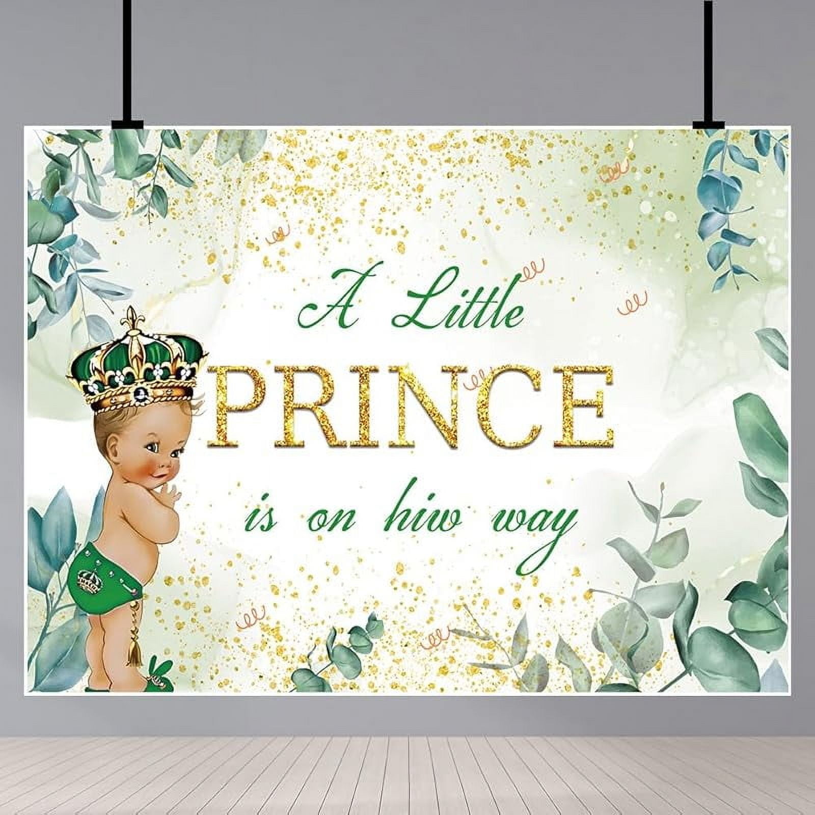 A Little Prince is On His Way Backdrops Green Leaves Glitter Gold Dots ...
