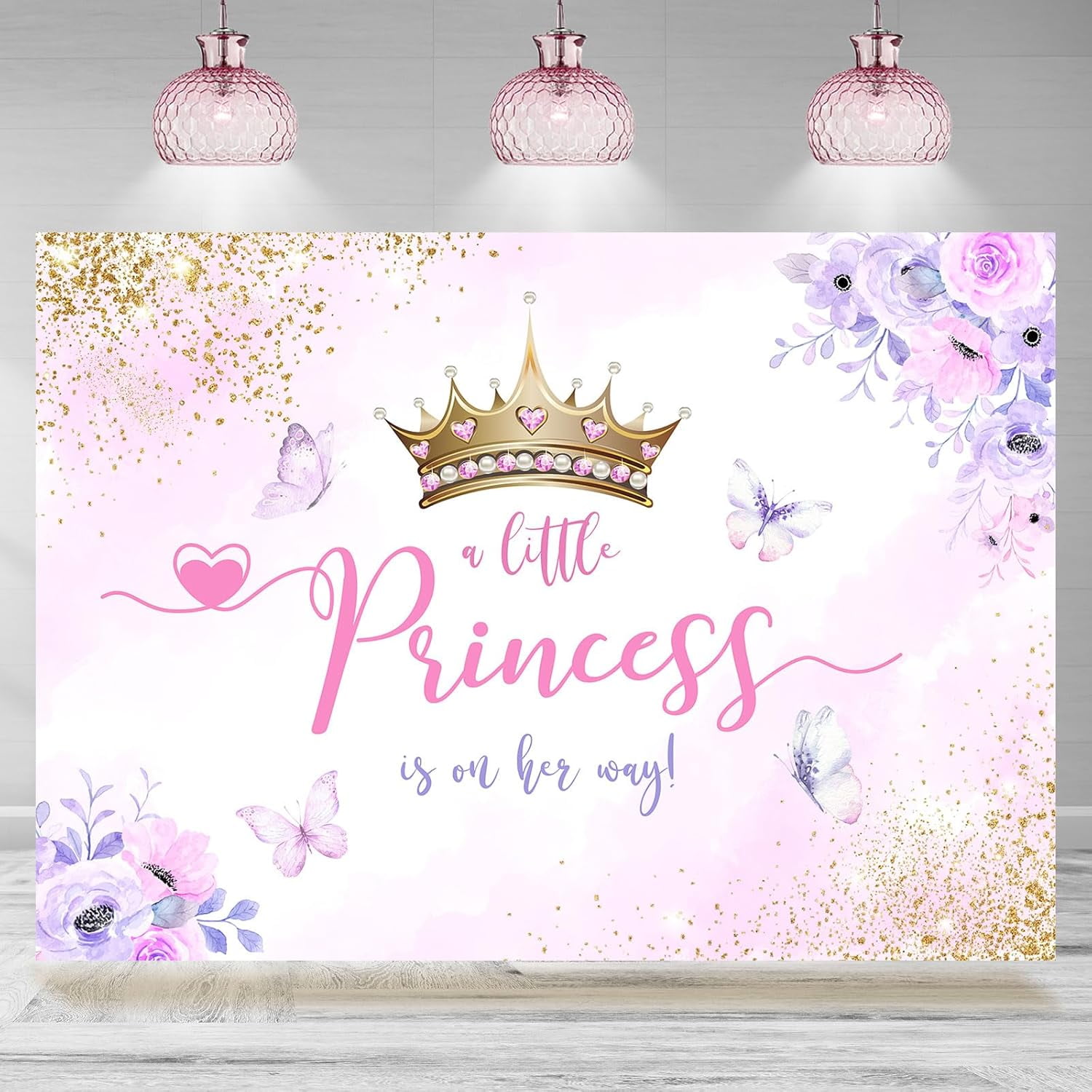 Little Princess Baby Shower Backdrop Gold Crown Pink Purple Floral ...