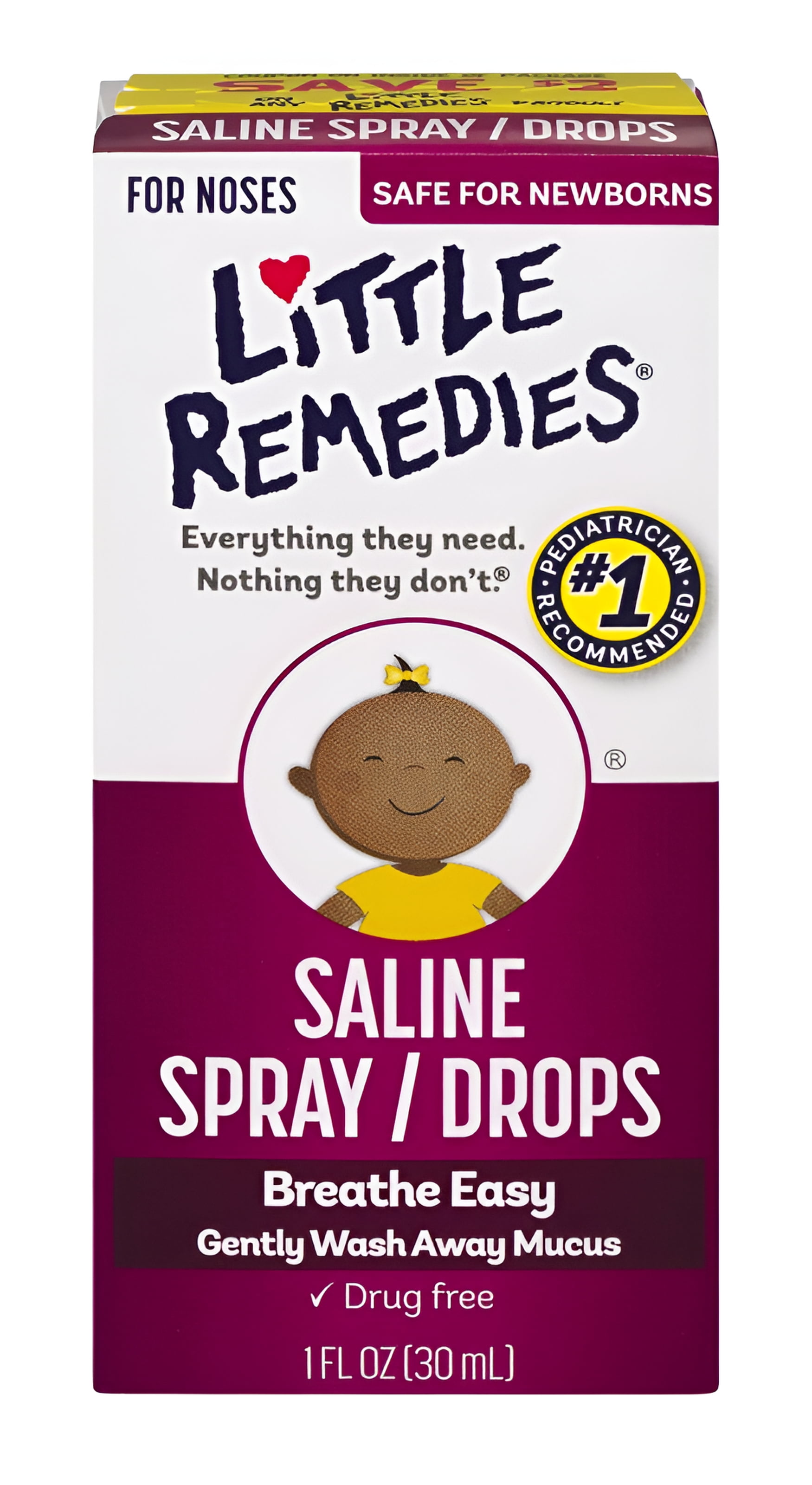 Little Remedies Newborn + Saline Spray Drops, Wash Away Mucus, 1 oz, 3 ...