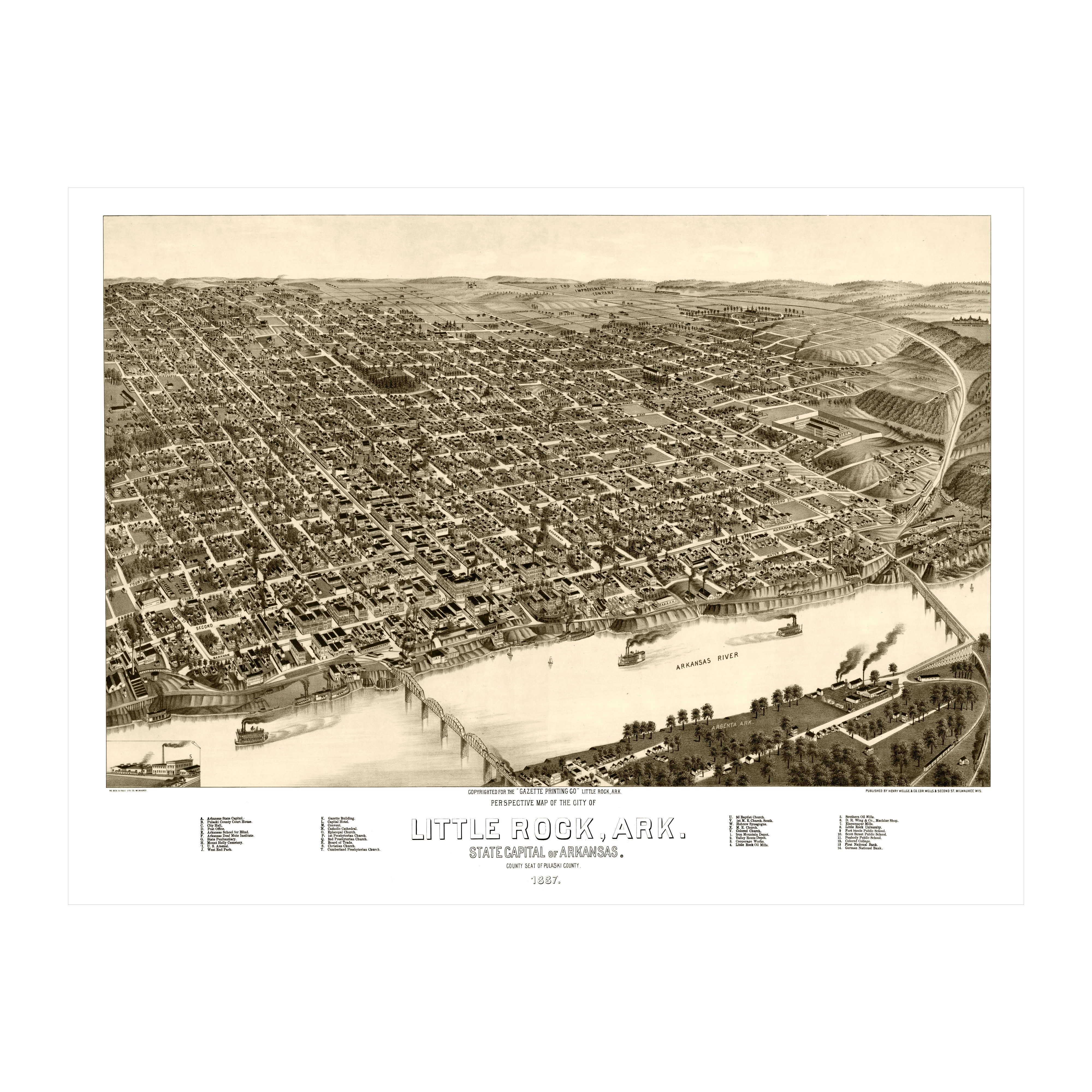 Little Rock Art, 1887 Vintage Map of Little Rock Arkansas, AR History ...