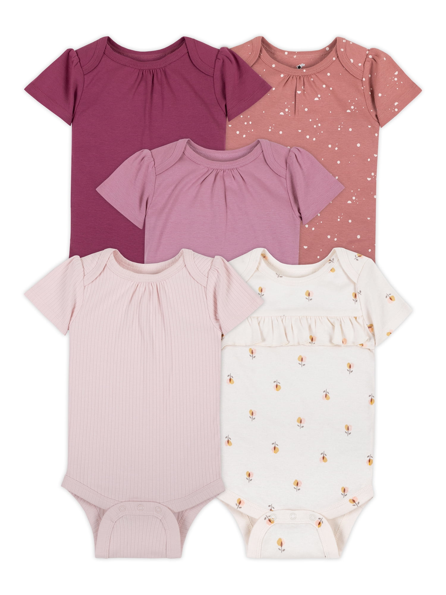 Little Star Organic Baby Girl 5Pk Short Sleeve Bodysuit, Size Newborn ...