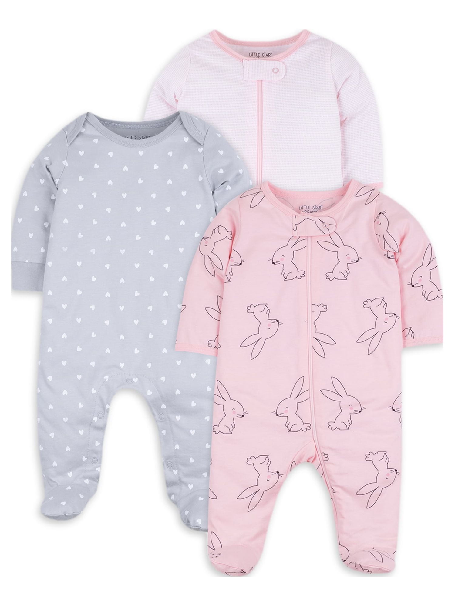 Little Star Organic Baby Girl Sleep 'N Play Pajamas, 3-Pack, Newborn-9 ...