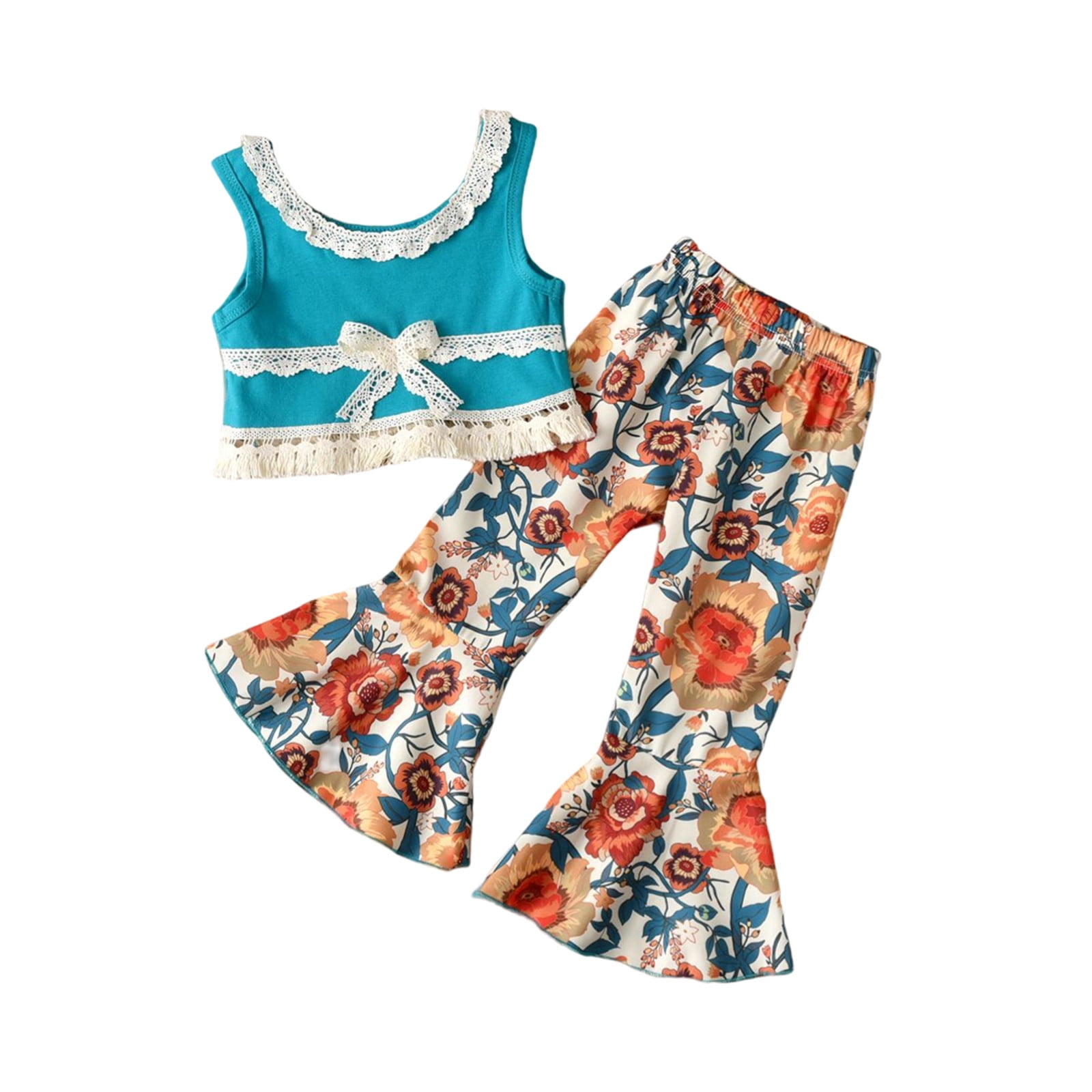 KTMKH Little Toddler Girls Tassel Sleeveless T Shirt Tops Floral Flared Bell Bottom Pants Kids ...