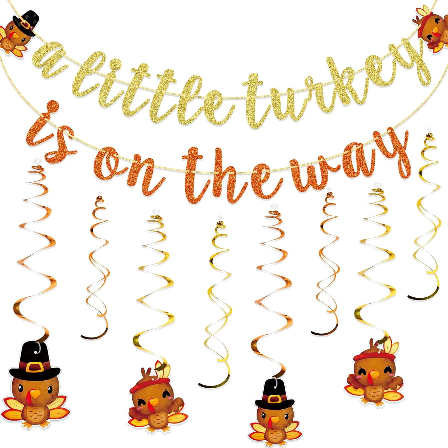 A Little Turkey Is on The Way Banner and Turkey Hanging Swirls ...