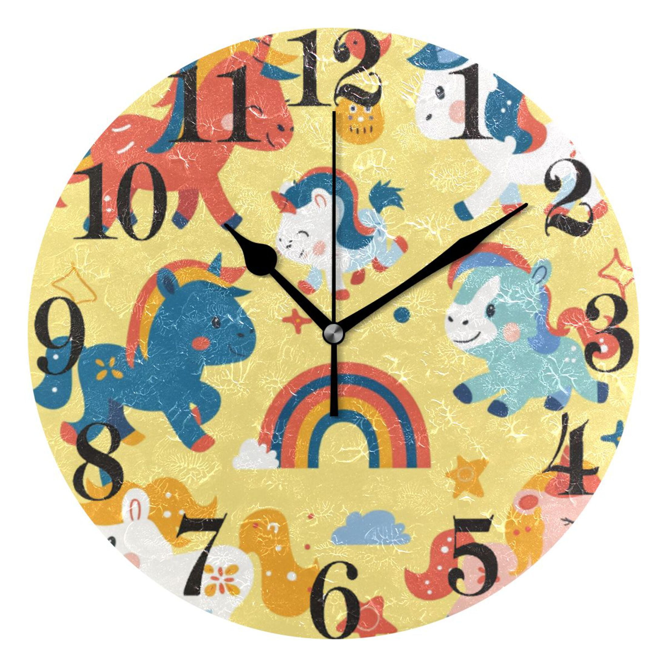 Little Unicorns and Rainbow Wall Clock 9.8 inch Battery Operated Clocks Non-Ticking Silent for ...