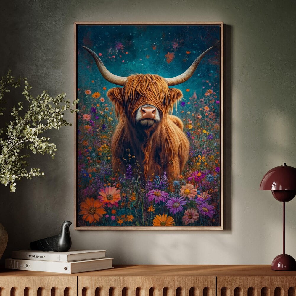 Little cow In Wildflower Meadow Rustic Farmhouse Wall Art Vibrant ...