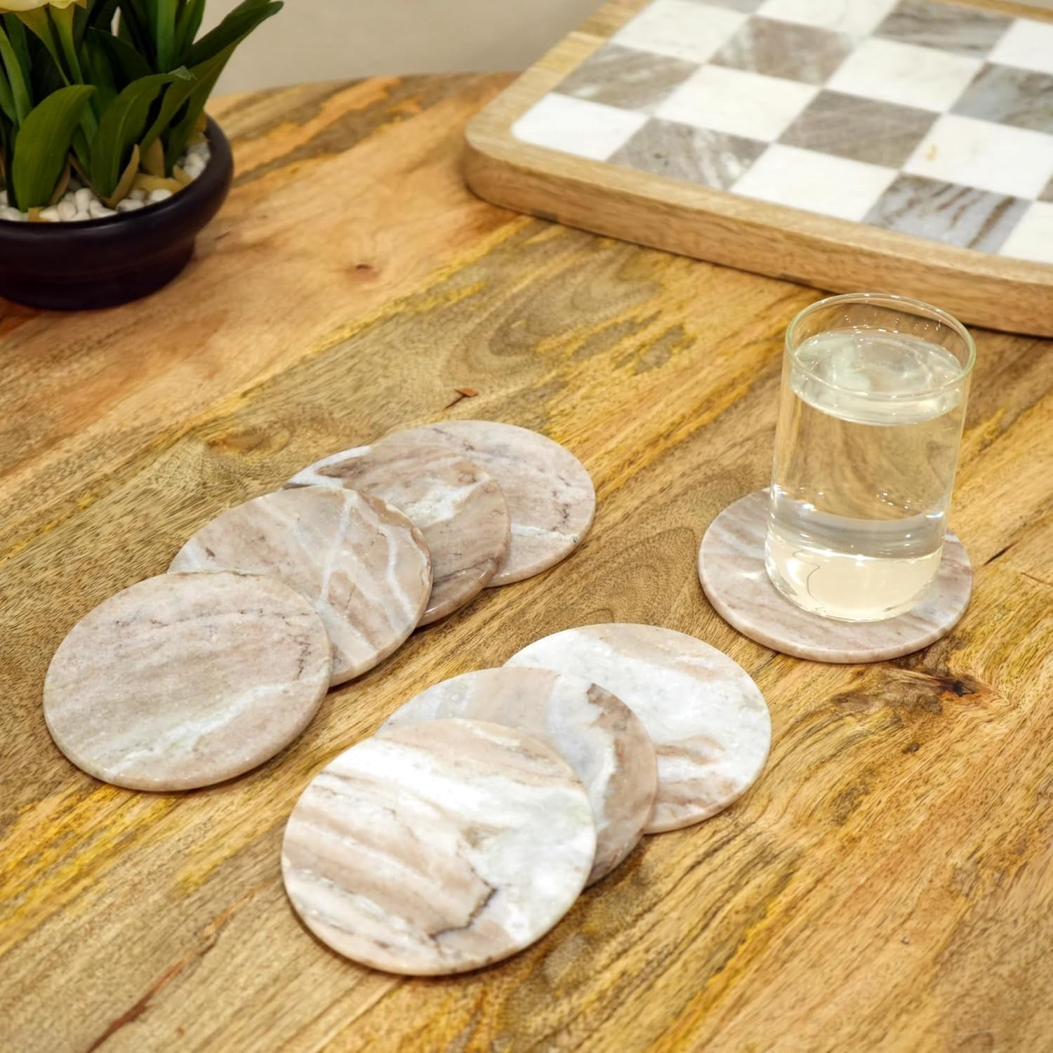 Little eXtra Marble Coasters Sets of 8- Beige Brown Marble Stone Round ...