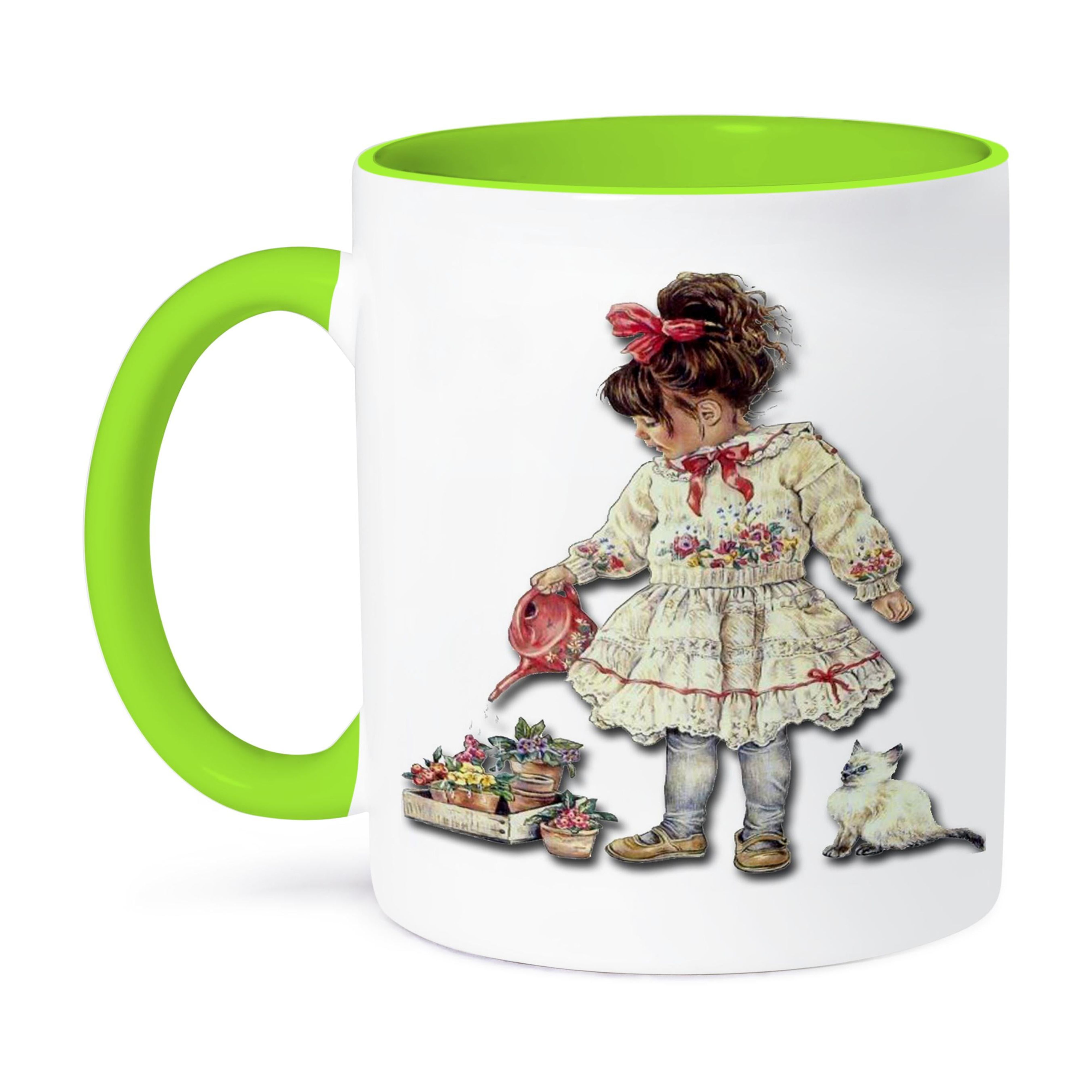 3dRose, Little girl with kitten watering a box of flowers in her cute ...