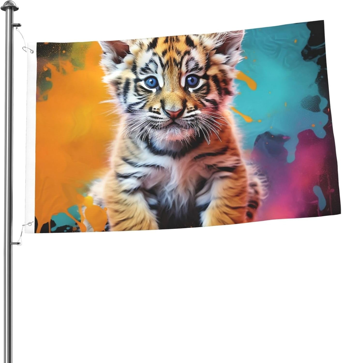 Little tiger on colorful paint splatter background Garden Flags Holiday ...