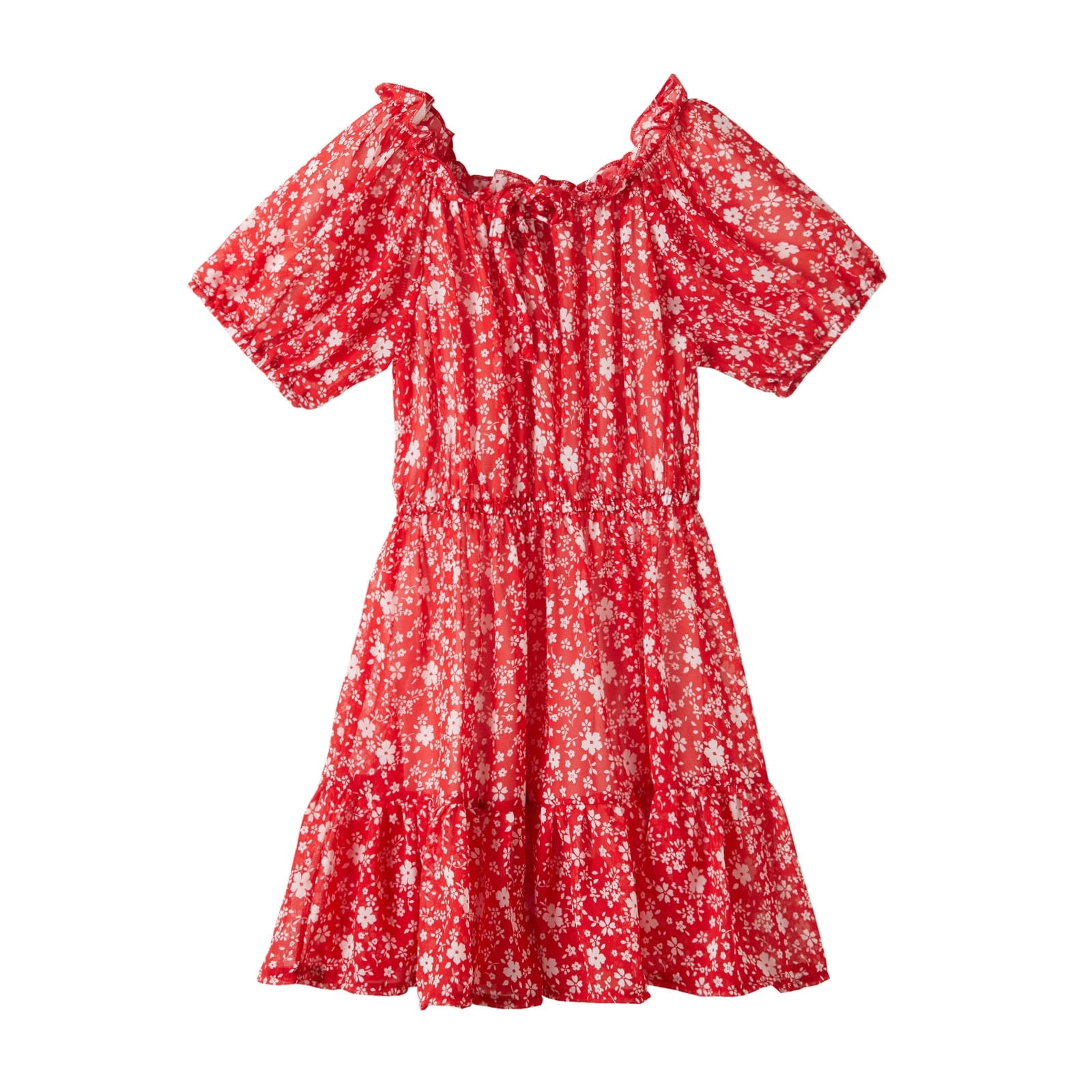 LittleSpring 5T Girls Red Dress 0ff Shoulder Chiffon Floral Dress Short ...