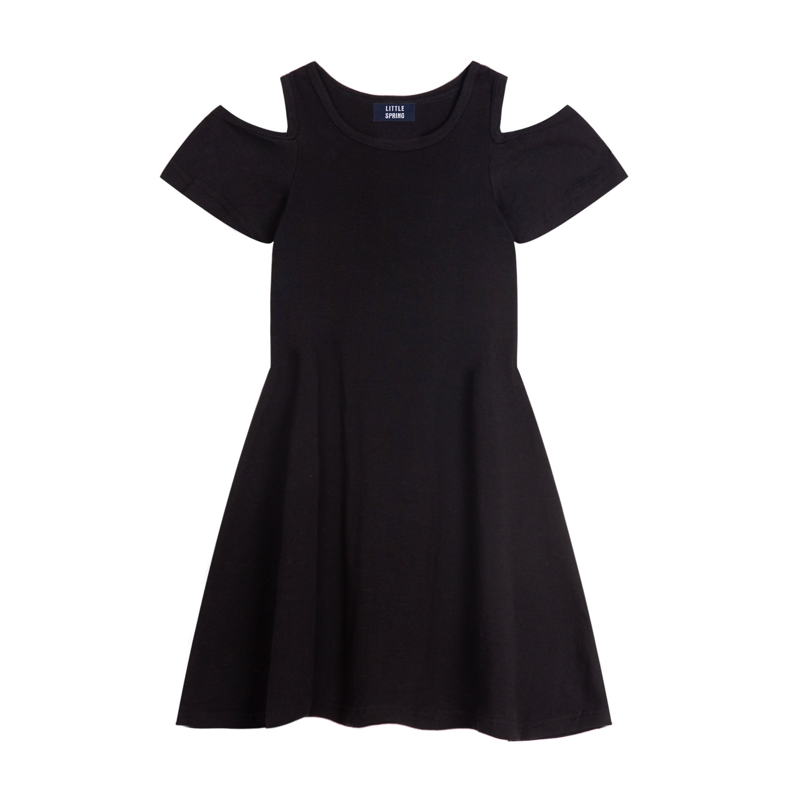 LittleSpring Cold Shoulder Dress for Girls Blcak Short Sleeve Dress ...