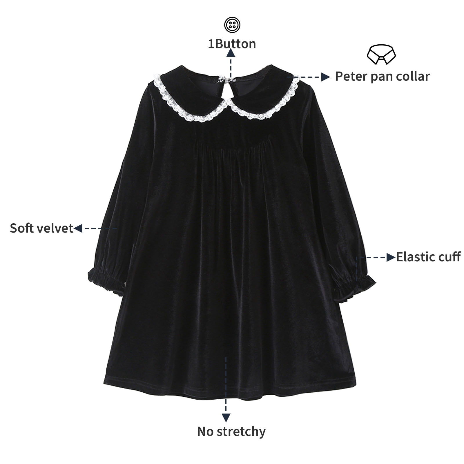 LittleSpring Girls Black Dresses with Lace Peter Pan Collar Long Sleeve ...