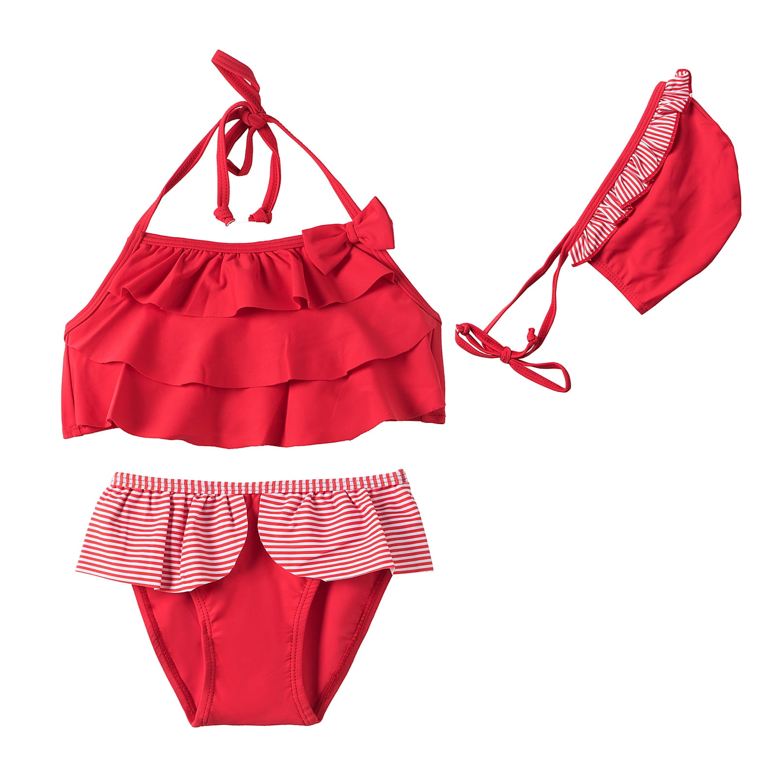 LittleSpring Girls Ruffle Bathing Suit 3 Piece Swimsuit Red Halter Top ...