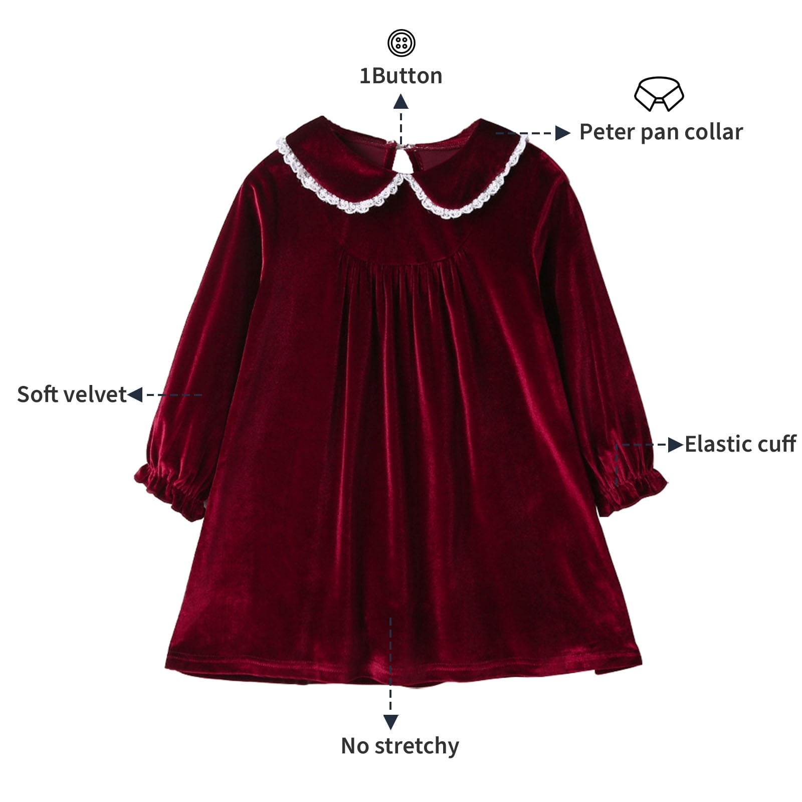 LittleSpring Girls Velvet Christmas Dress with Peter Pan Collar, Long ...