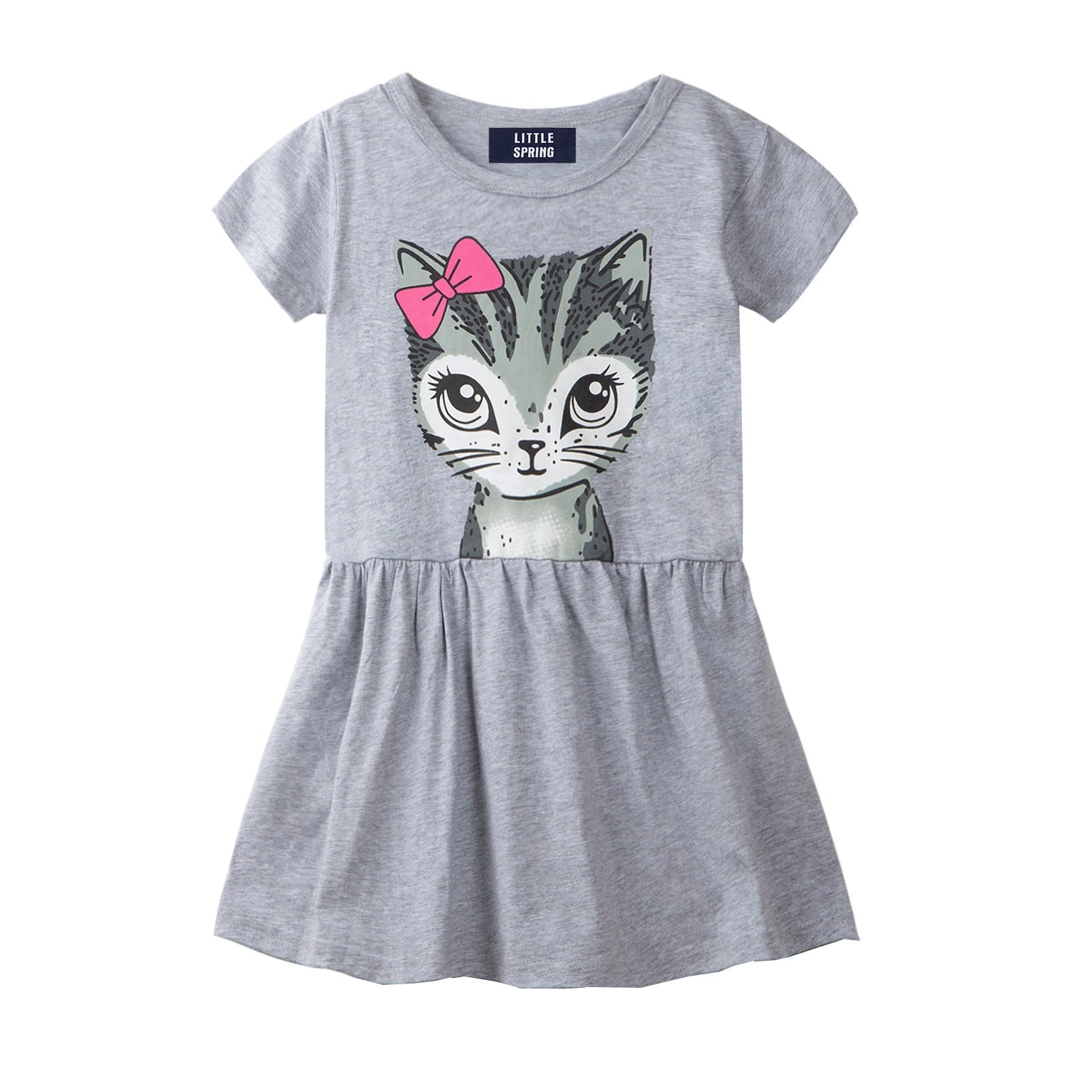 LittleSpring Toddler Girls A-Line Crew Neck Cat Print Dress, 3T ...