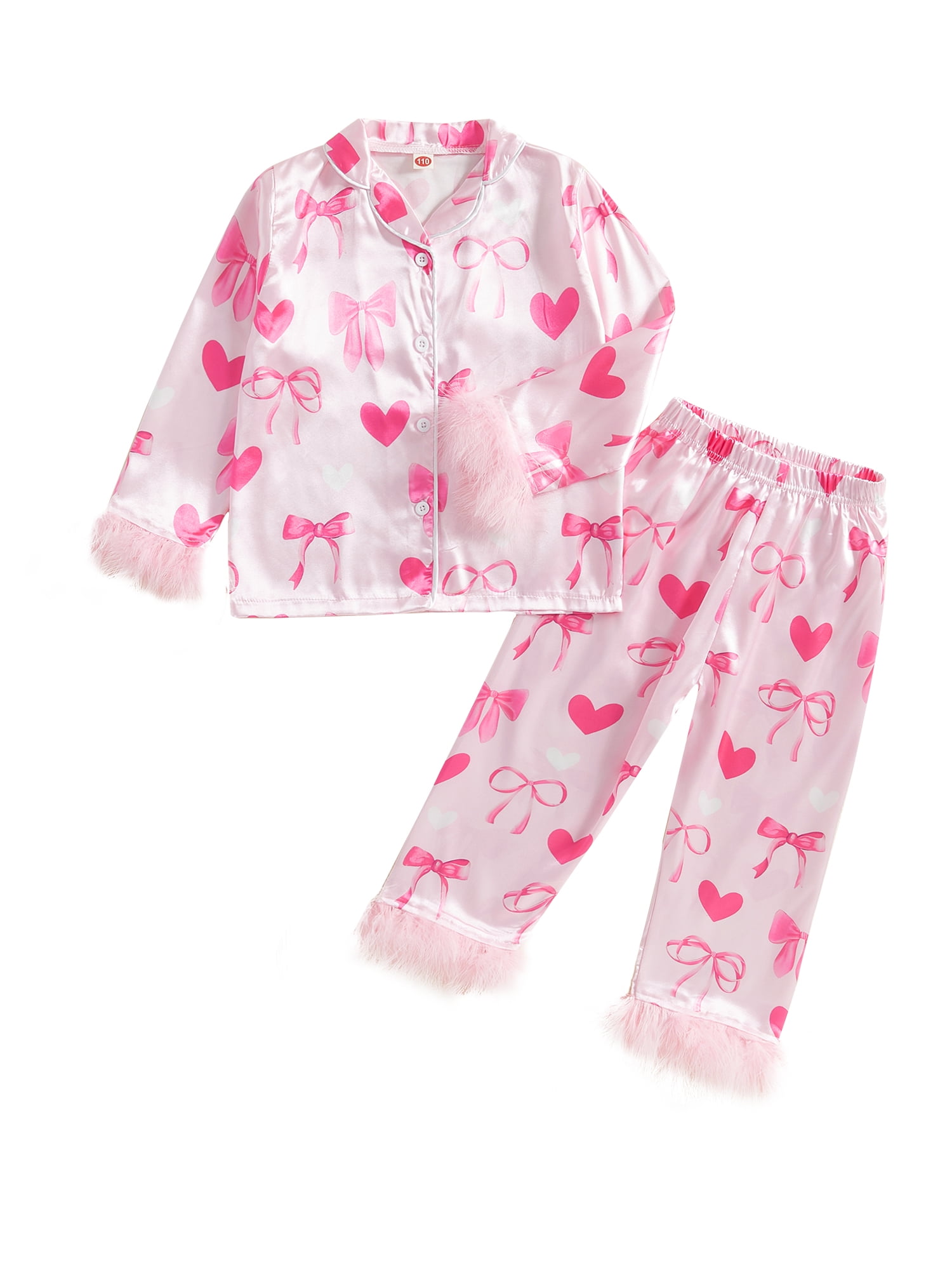 Littler Girl Valentine's Day Pajama Sets Cute Heart Bow Print Lapel Neck Button-up Tops Fuzzy ...