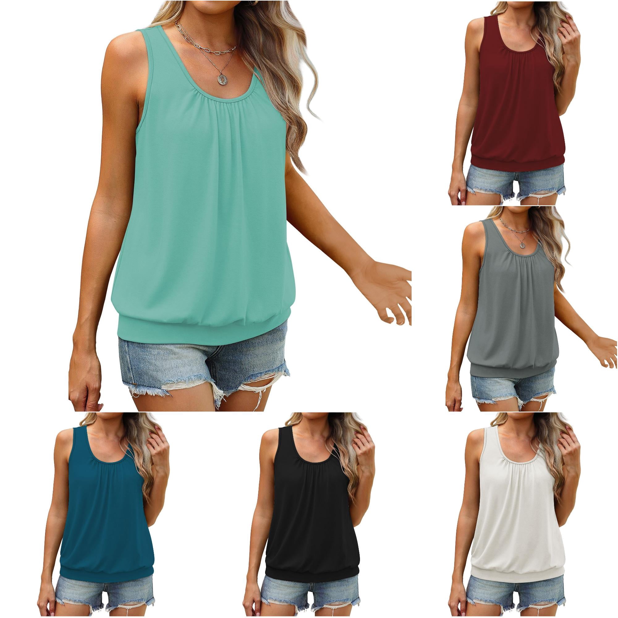 LiuXxxx Women's Pleated Crew Neck Loose Vest T Shirt Blue M - Walmart.com