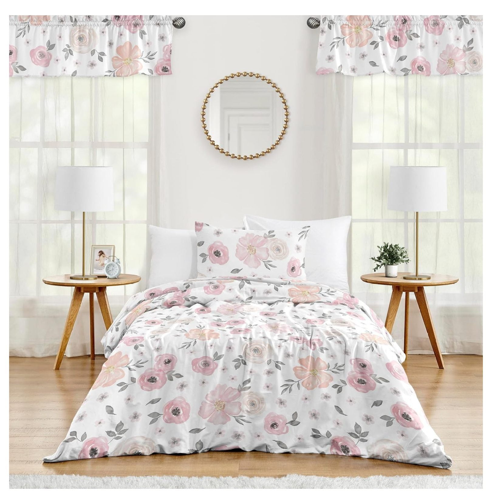 Liuyao 4-Piece Blush , Grey and White Shabby Chic Watercolor Floral ...