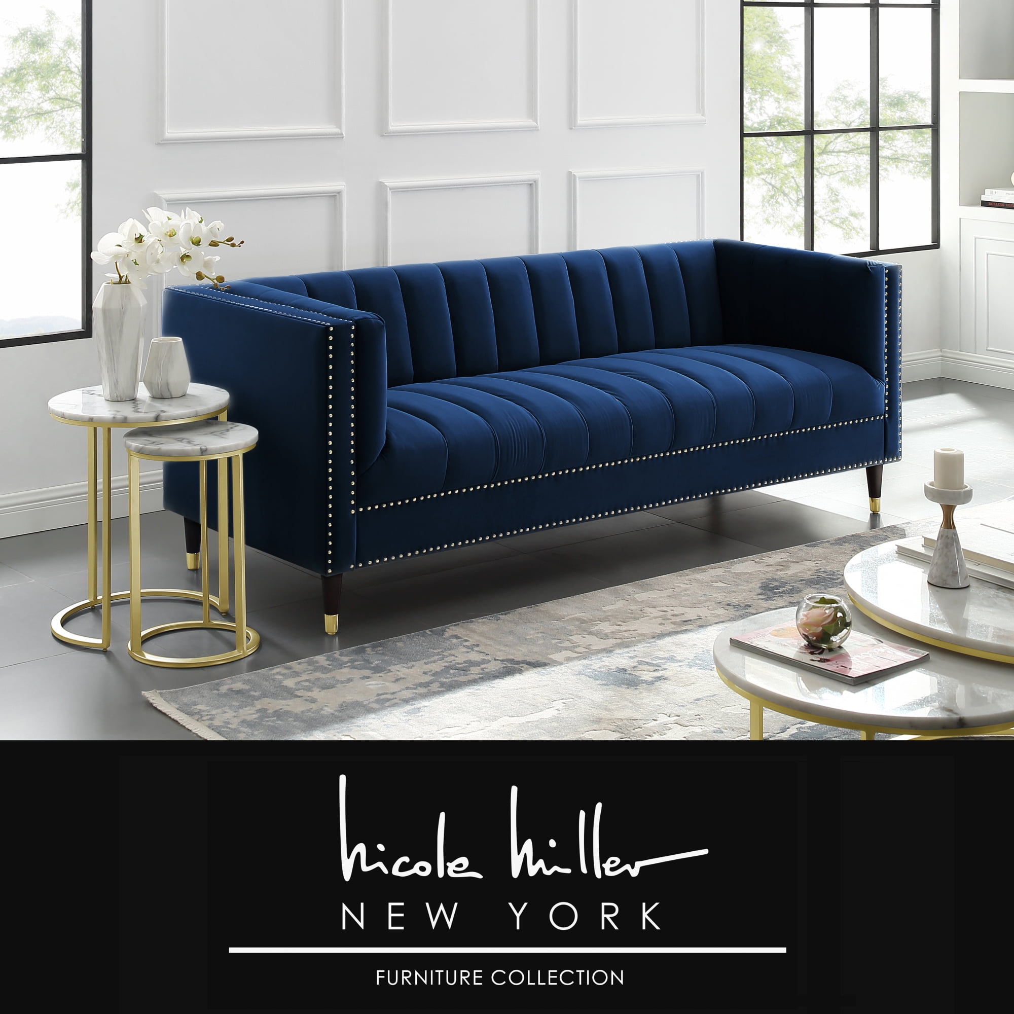 Liv Navy/Gold Velvet Sofa - Line Stitch Tufted, Gold Nailhead Trim and ...
