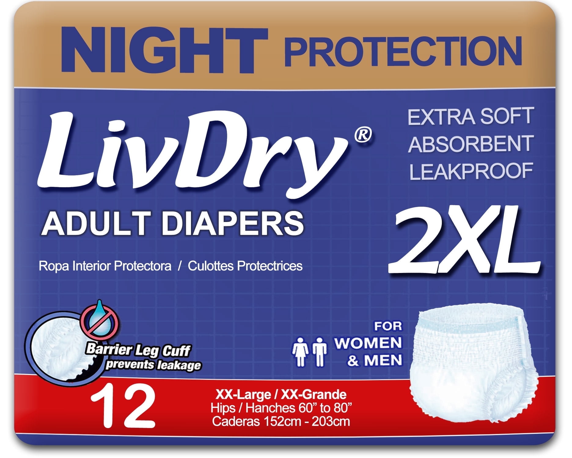 LivDry 2XL Overnight Adult Diapers for Women and Men, Max Protection ...