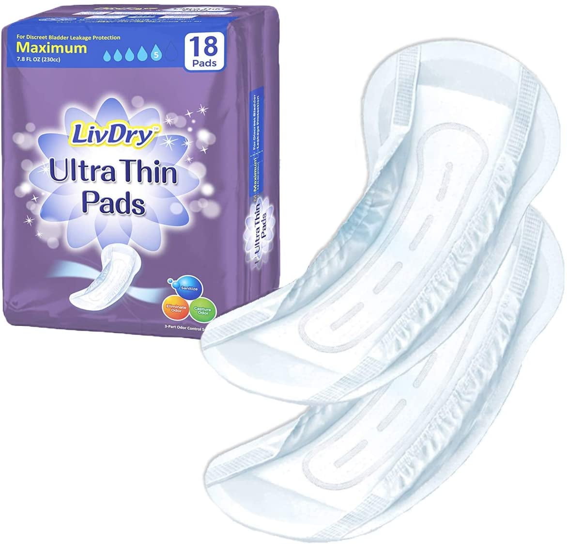 LivDry Female Incontinence Ultra Thin Pads | Leak Protection + Odor ...