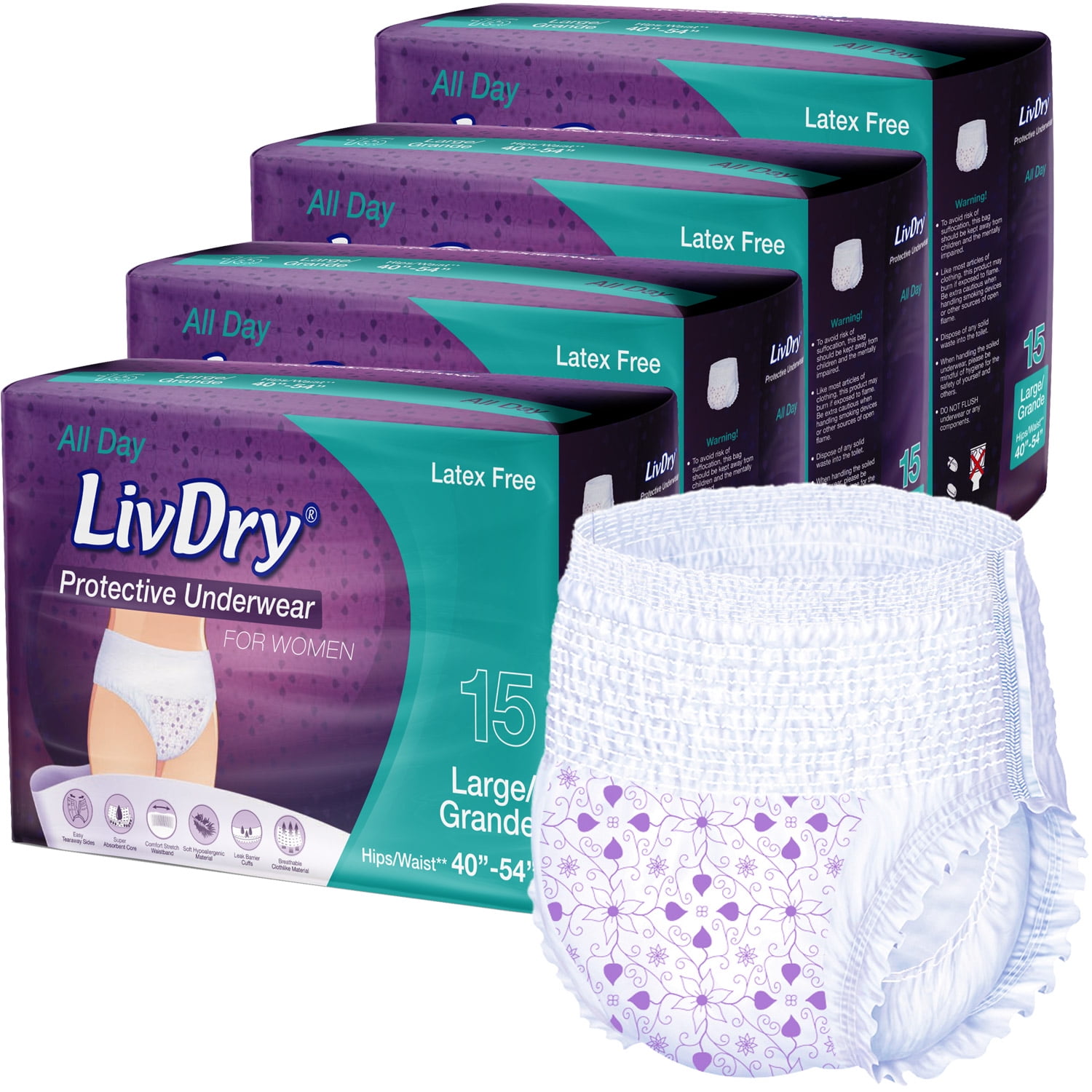LivDry Womens Adult Incontinence Underwear, Purple Flowers, Super ...
