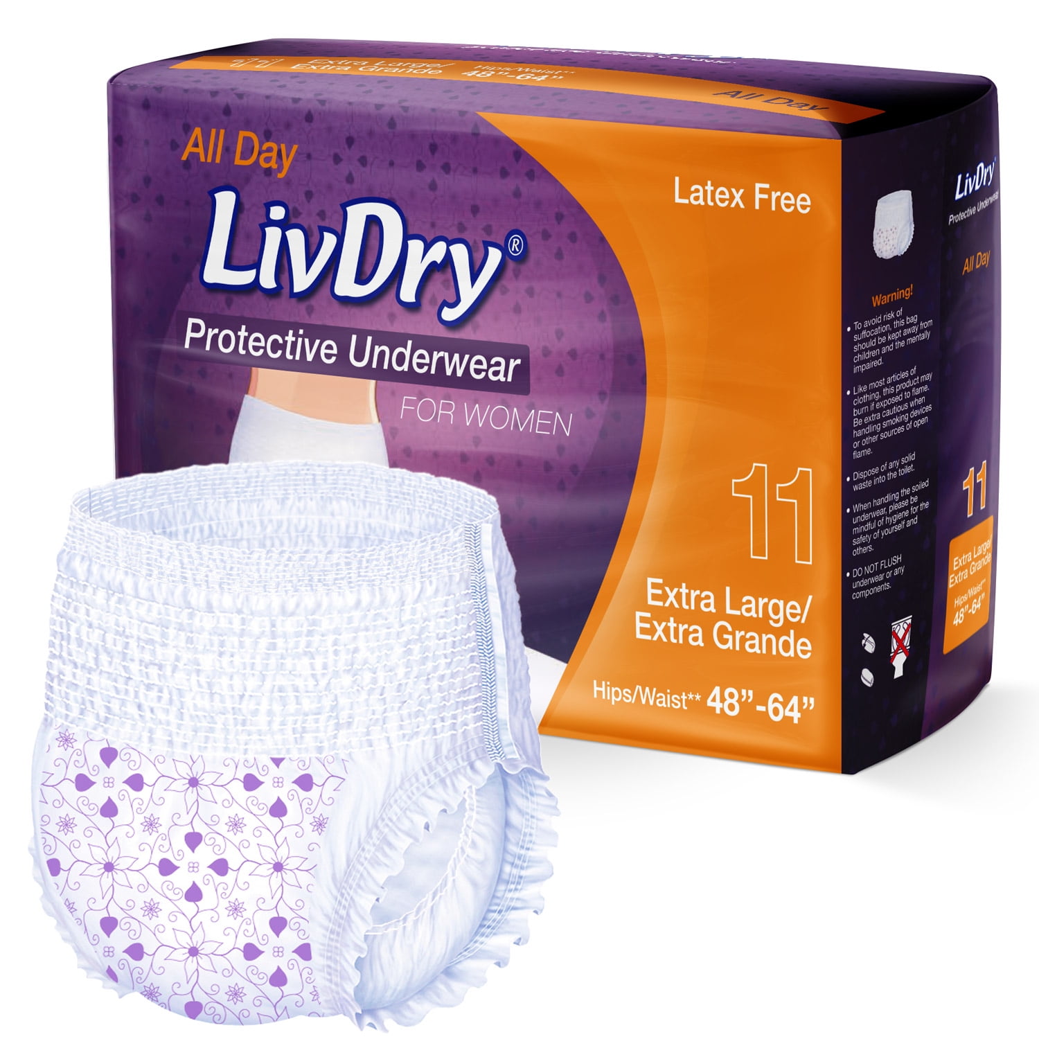 LivDry Women's Incontinence Underwear, X-Large, Purple Flowers, 11-Pack ...