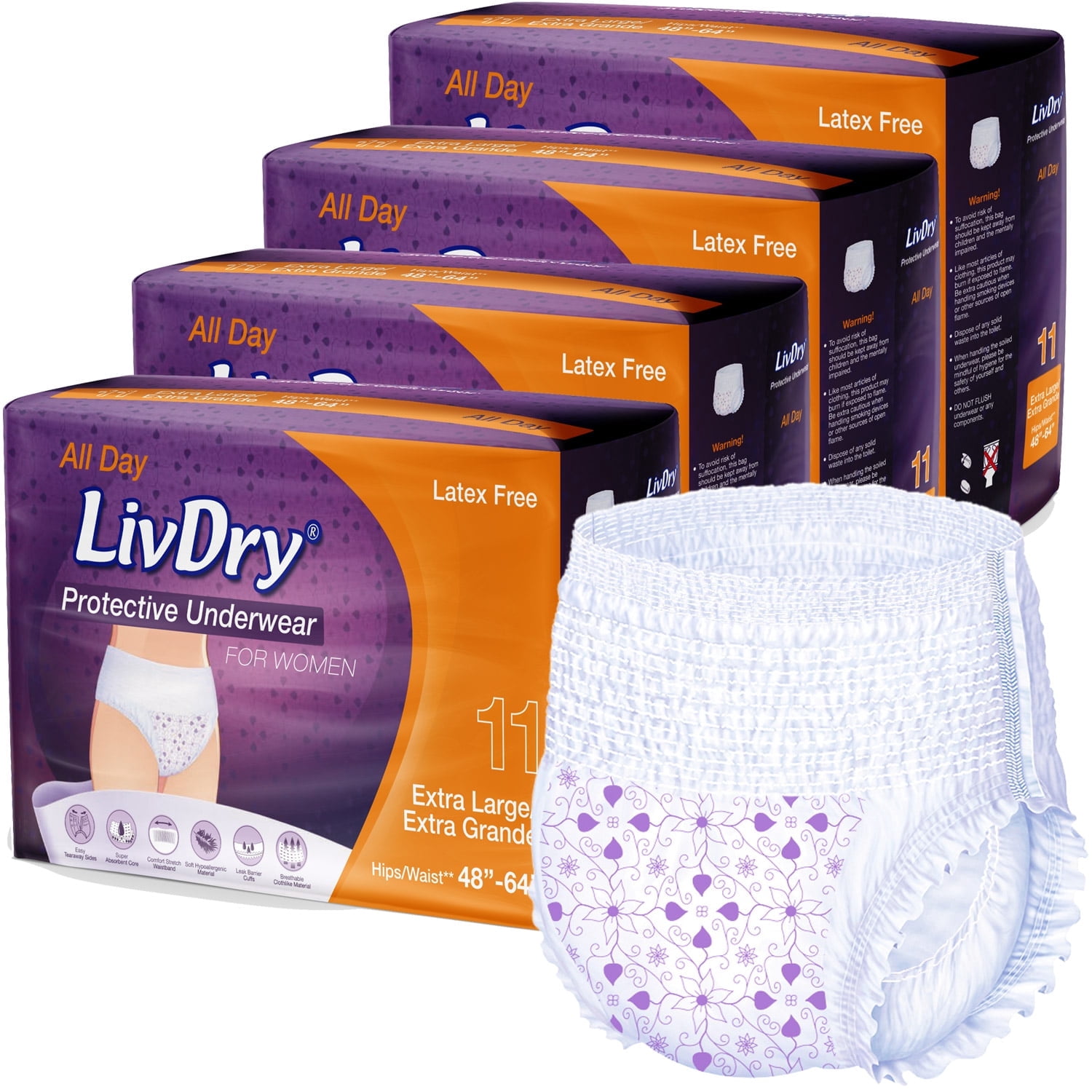 Livdry Womens Adult Incontinence Underwear Purple Flowers Super
