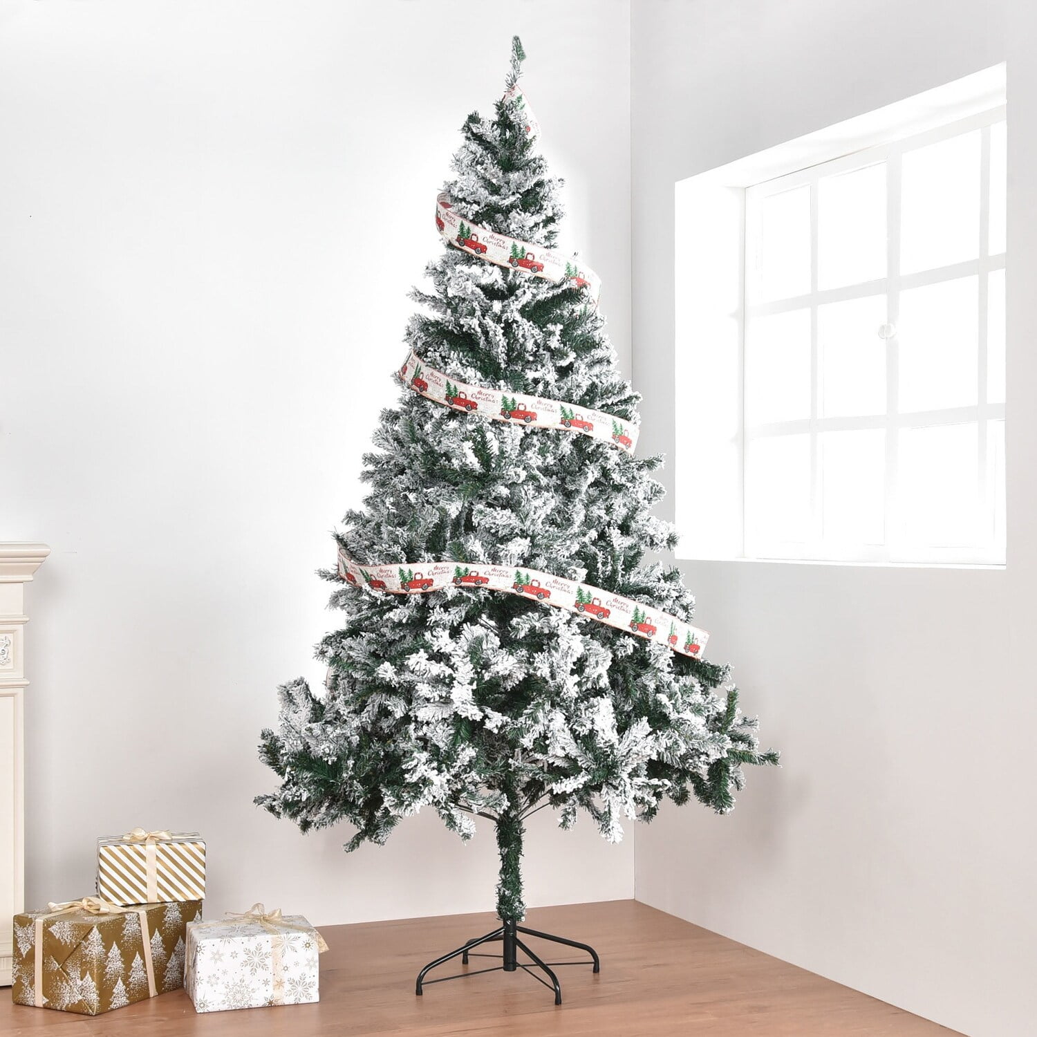 LivEditor Flocked Christmas Tree with Foldable X-shaped Metal Stand ...
