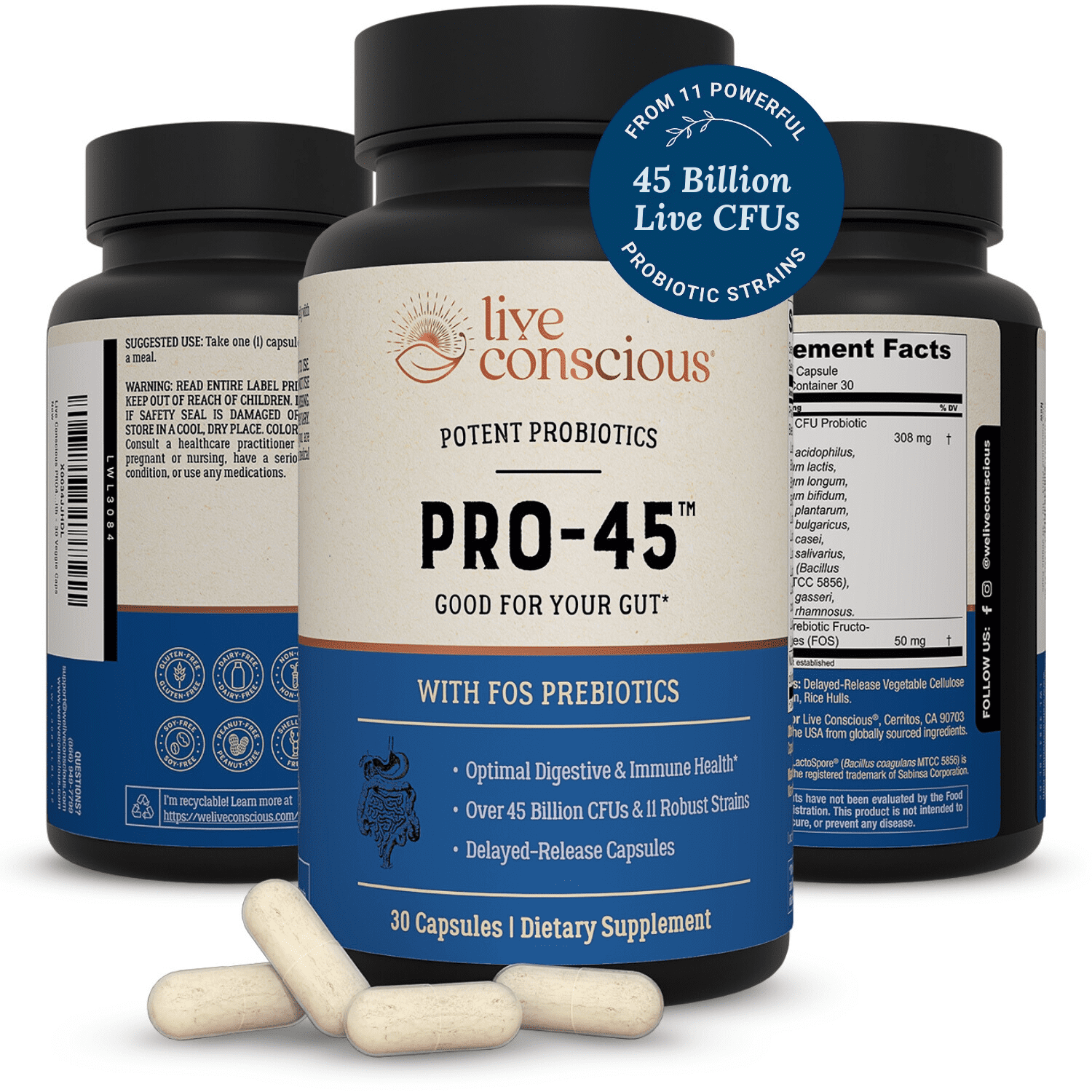 Live Conscious PRO45 Probiotics, 45B CFU, 11 Strains, Dairy-Free ...