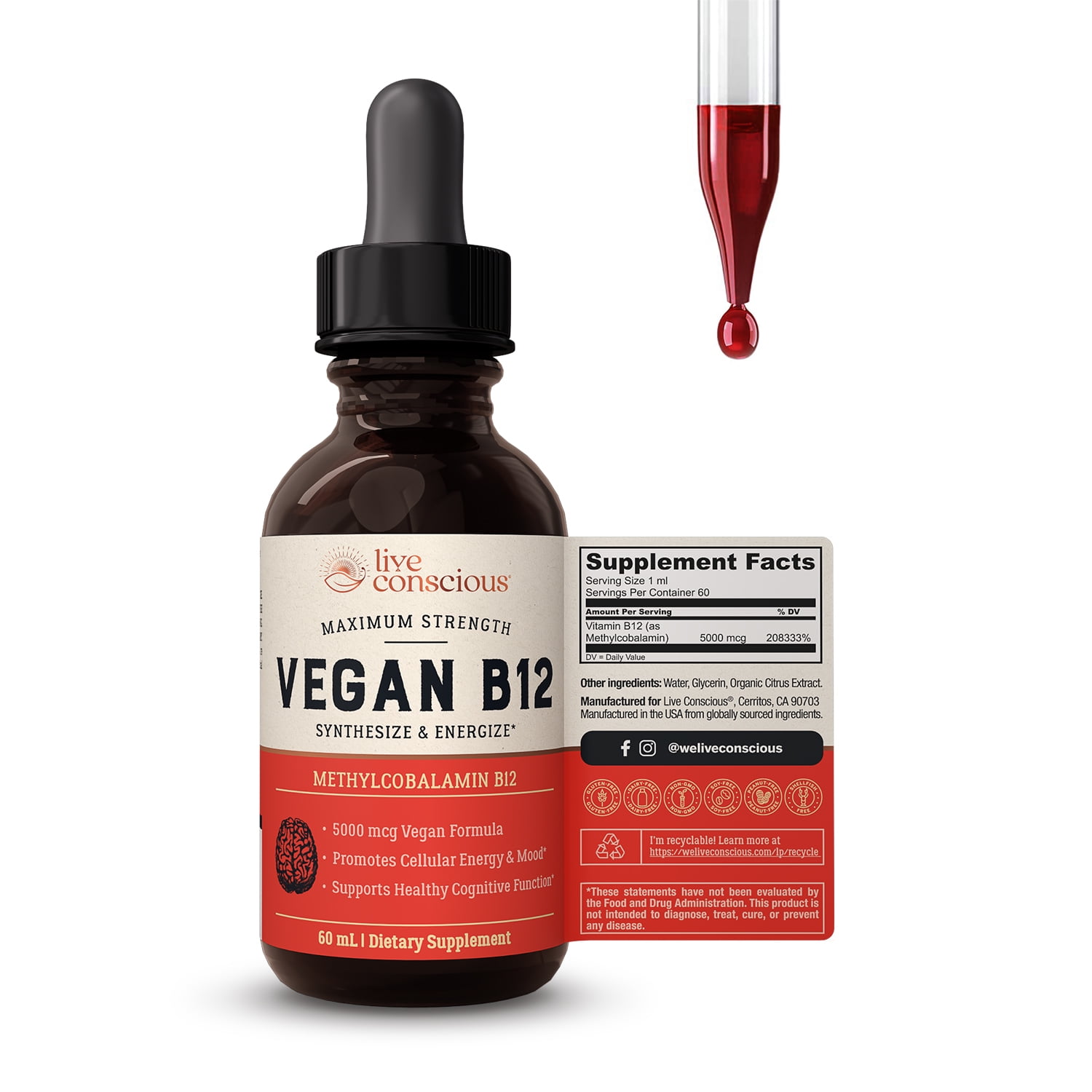 Live Conscious Vegan B12 Sublingual Drops, 5000 mcg, 60 Servings ...