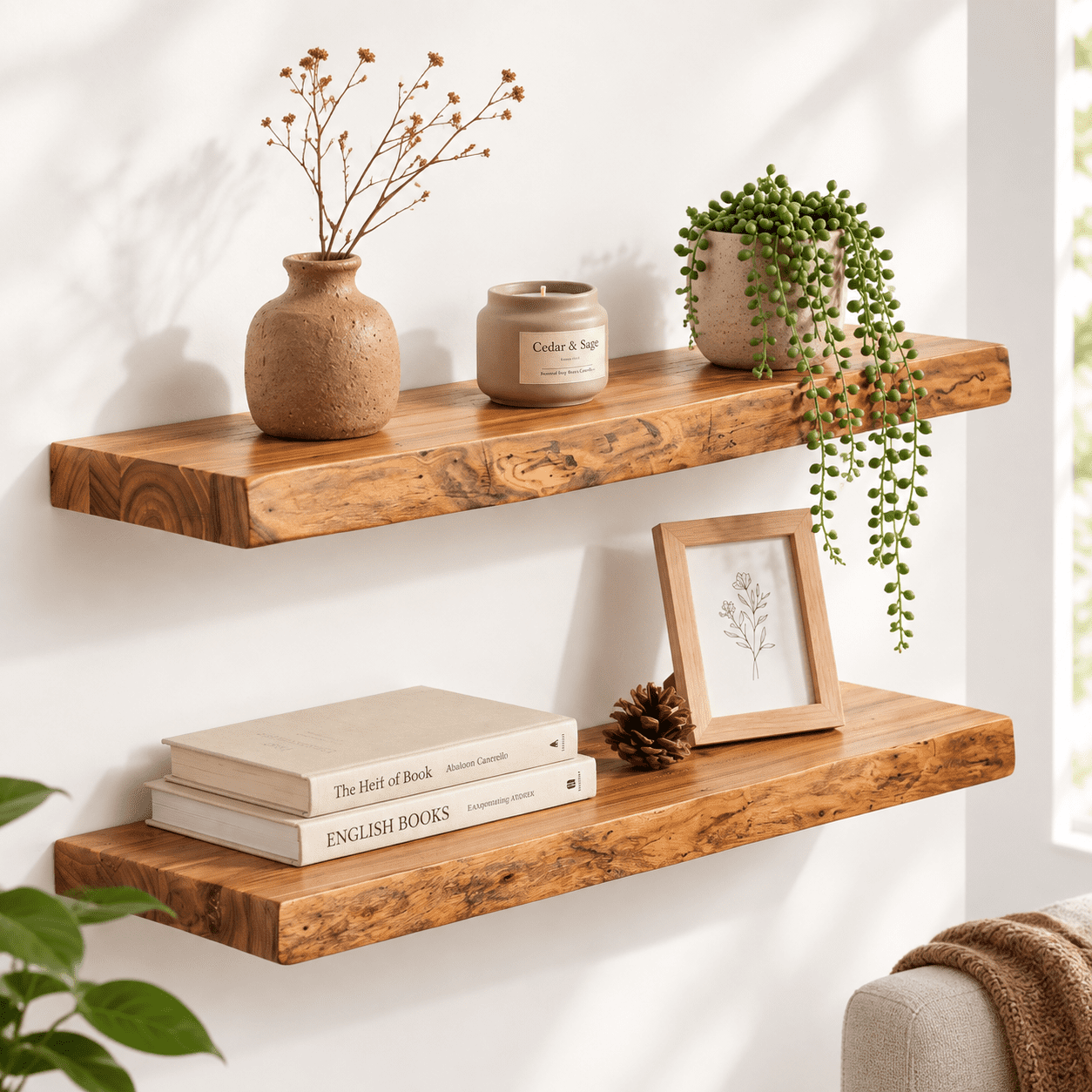 Live Edge Elm Floating Shelves - 24 In Rustic Solid Wood With Heavy ...