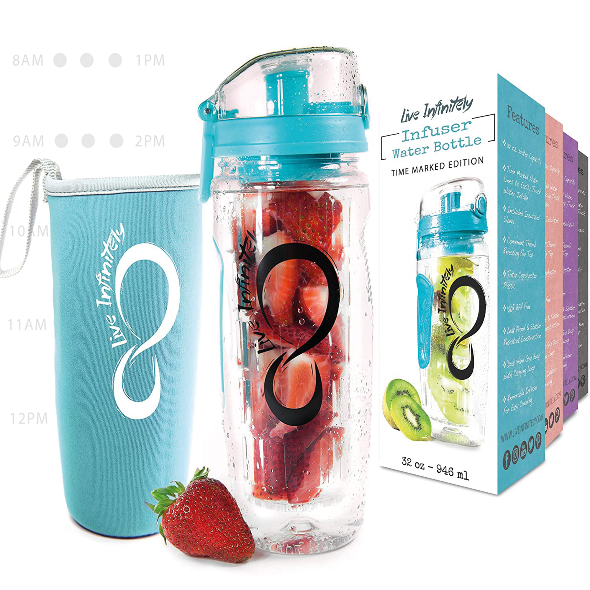 Live Infinitely Gym Water Bottle with Time Marker Fruit Infuser and ...