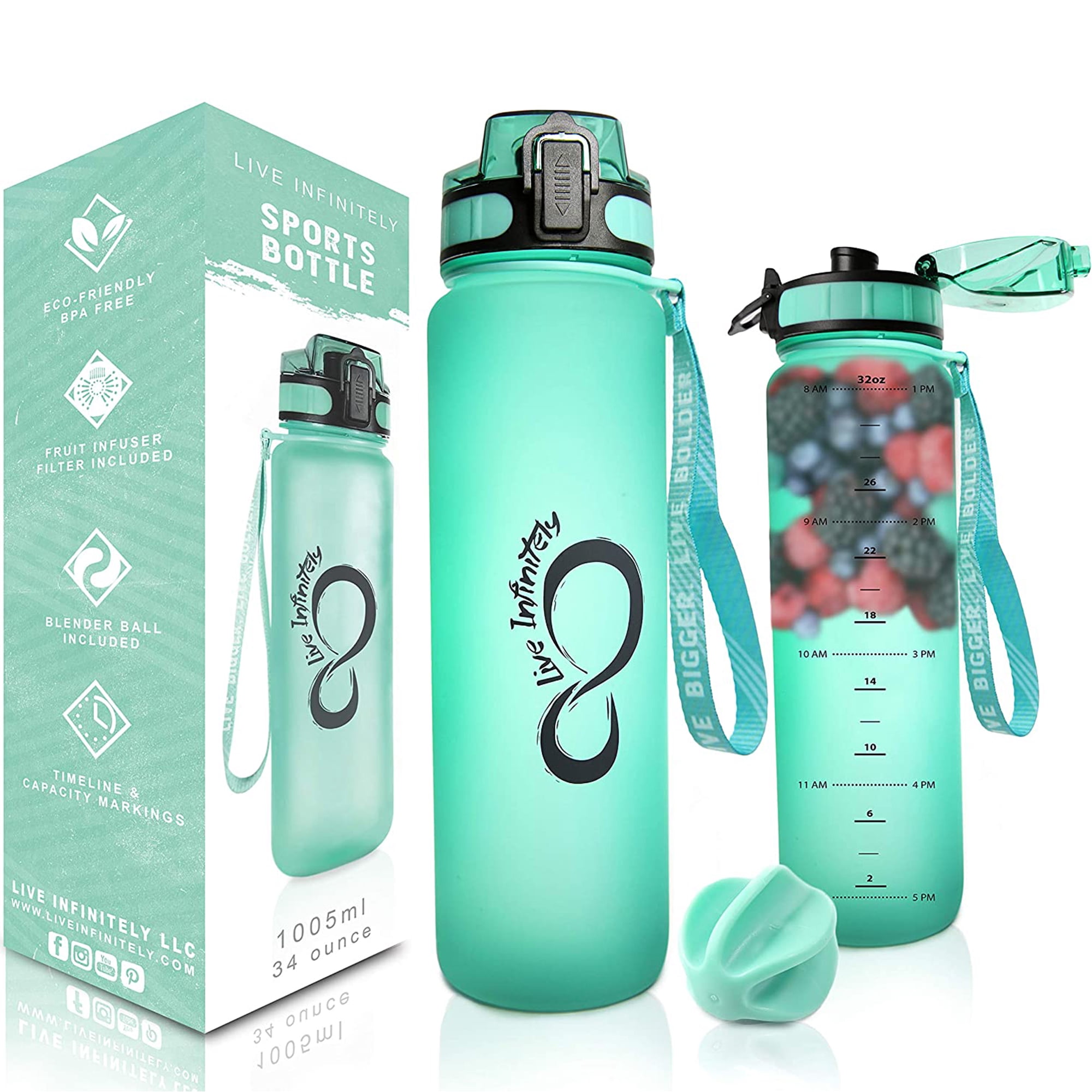 Live Infinitely Gym Water Bottle with Time Marker Fruit Infuser and ...