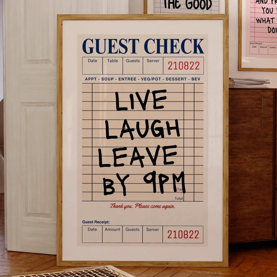 Live Laugh Leave By 9Pm Print, Guest Check Poster, Trendy Retro Wall ...