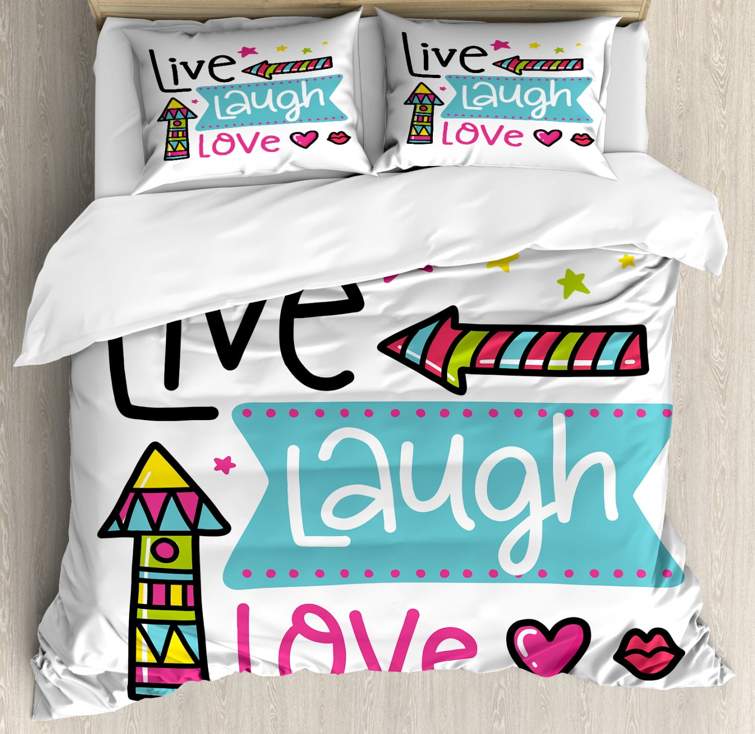 Live Laugh Love Duvet Cover Set Queen Size, Lively Colors Cartoon ...