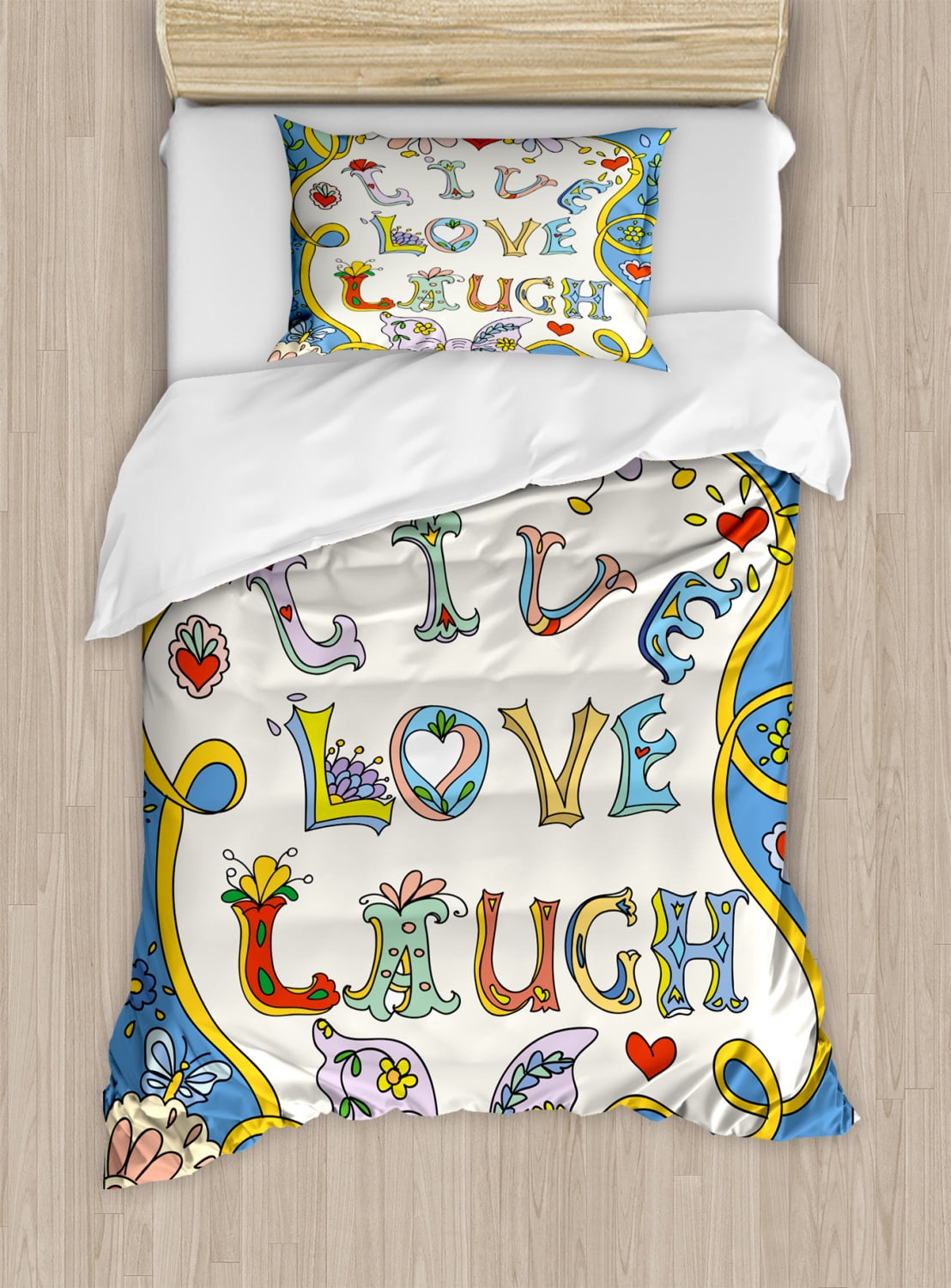 Live Laugh Love Duvet Cover Set Twin Size, Colorful Floral Fantasy ...