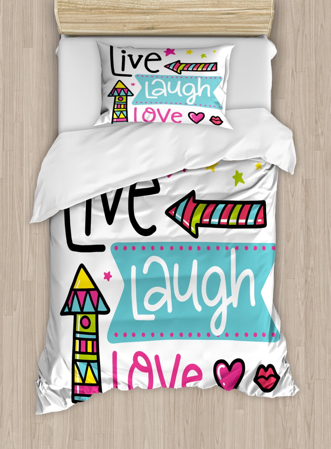 Live Laugh Love Duvet Cover Set Twin Size, Lively Colors Cartoon Arrows ...