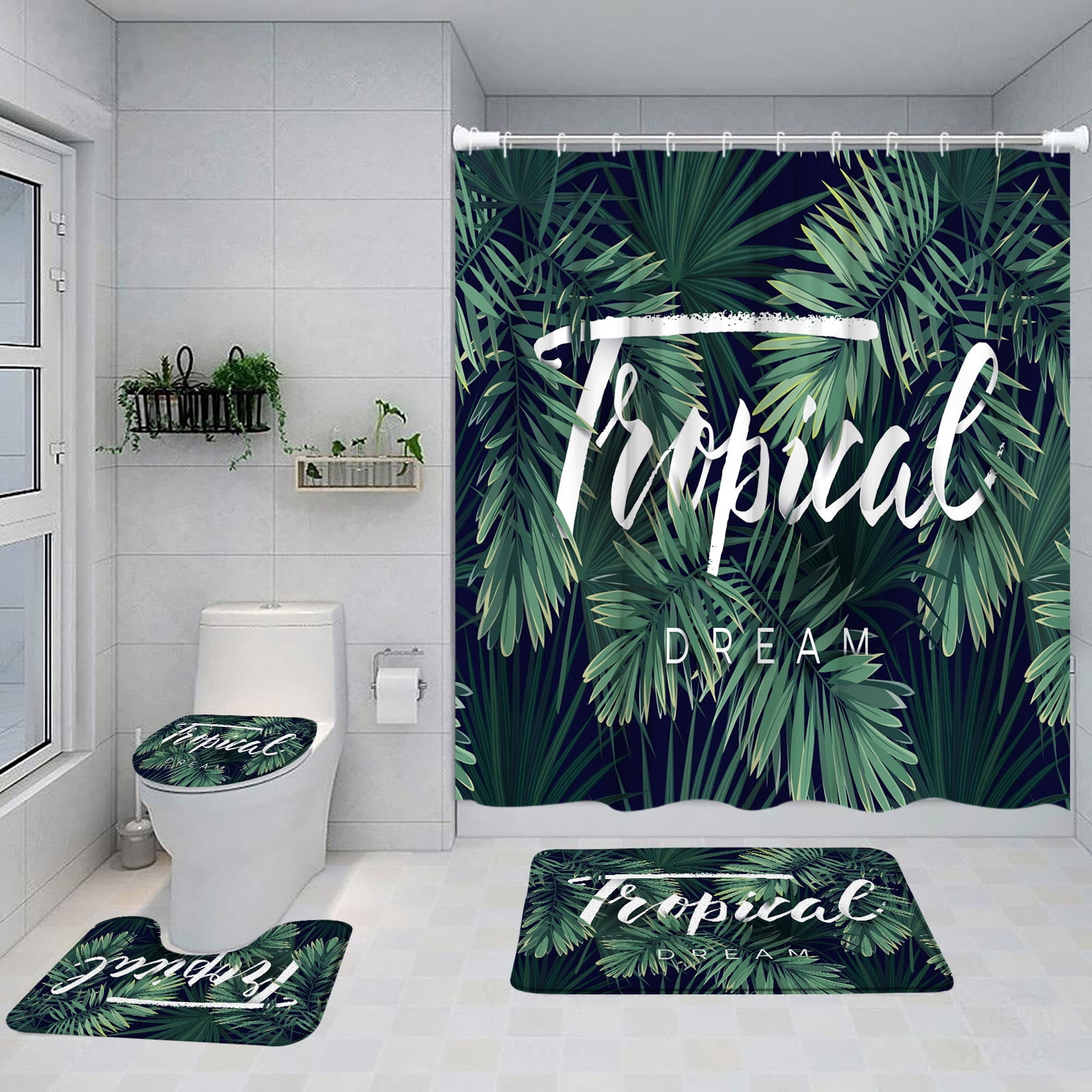 Live Laugh Love Shower Curtain Set Motivational Words Tropical Leaves ...