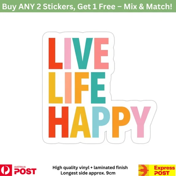 Live Life Happy Colourful Quote Sticker Phone Decal Water Bottle ...